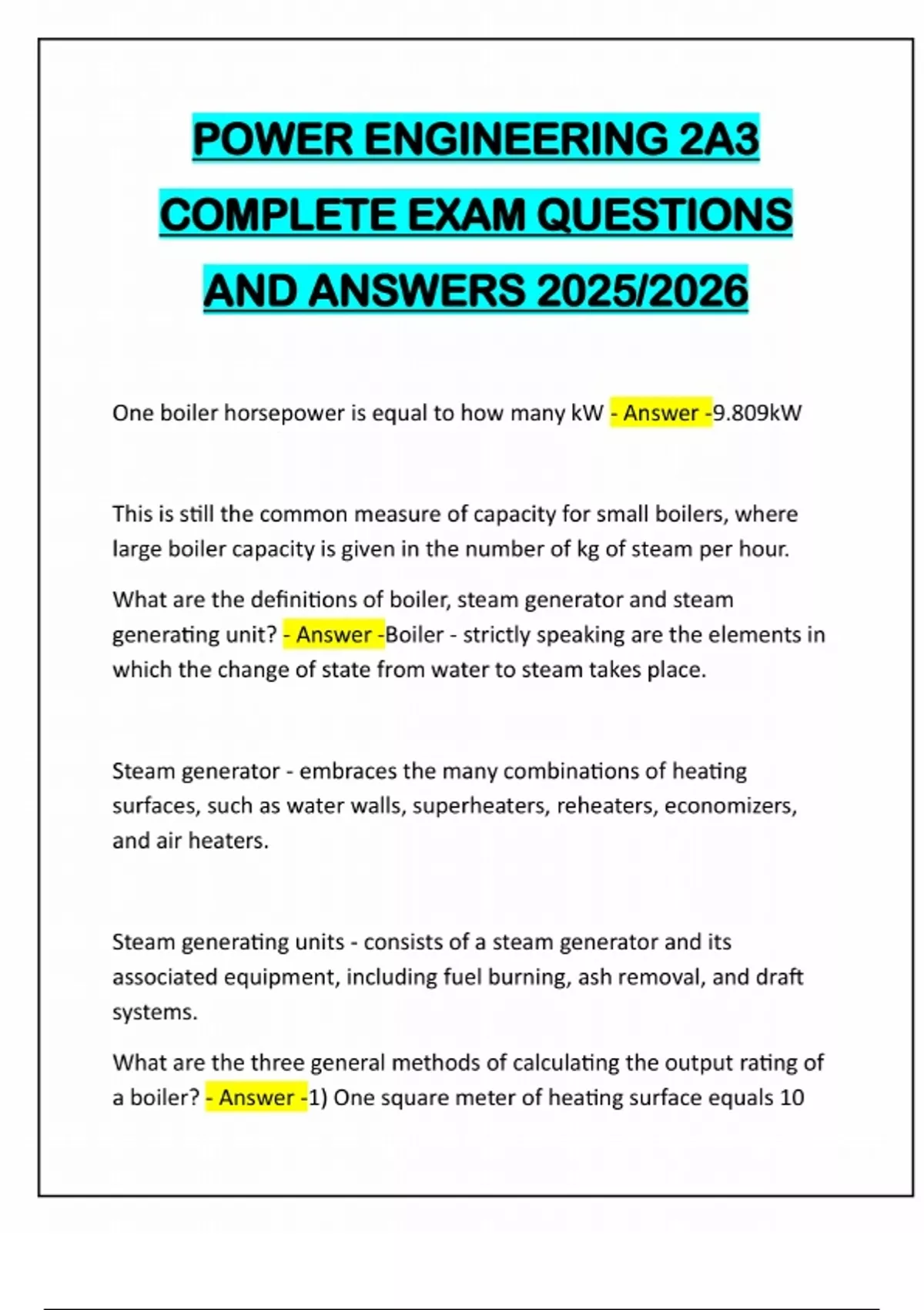 POWER ENGINEERING 2A3 COMPLETE EXAM QUESTIONS AND ANSWERS 2025/2026 ...