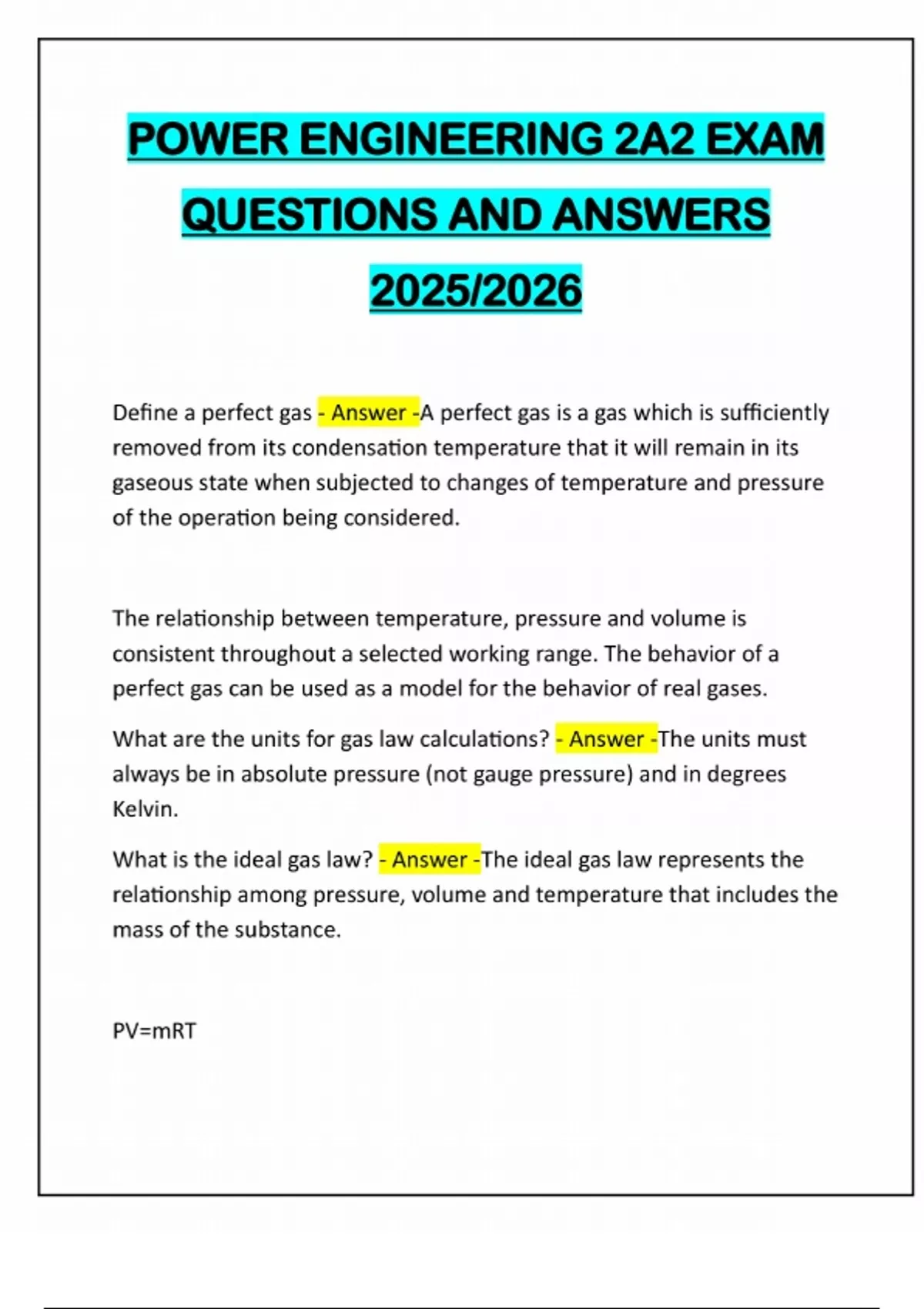 POWER ENGINEERING 2A2 EXAM QUESTIONS AND ANSWERS 2025/2026 - Power engineer - Stuvia US