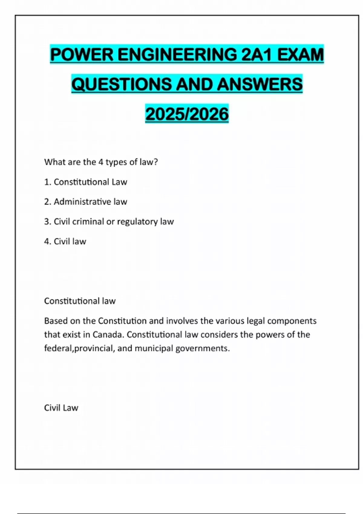 POWER ENGINEERING 2A1 EXAM QUESTIONS AND ANSWERS 2025/2026 - Power engineer - Stuvia US