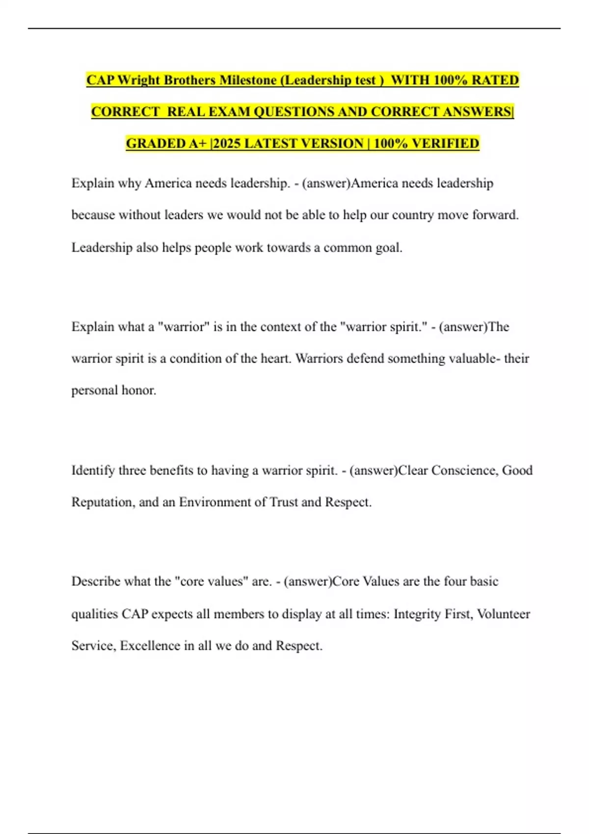 CAP Wright Brothers Milestone (Leadership test ) WITH 100% RATED ...