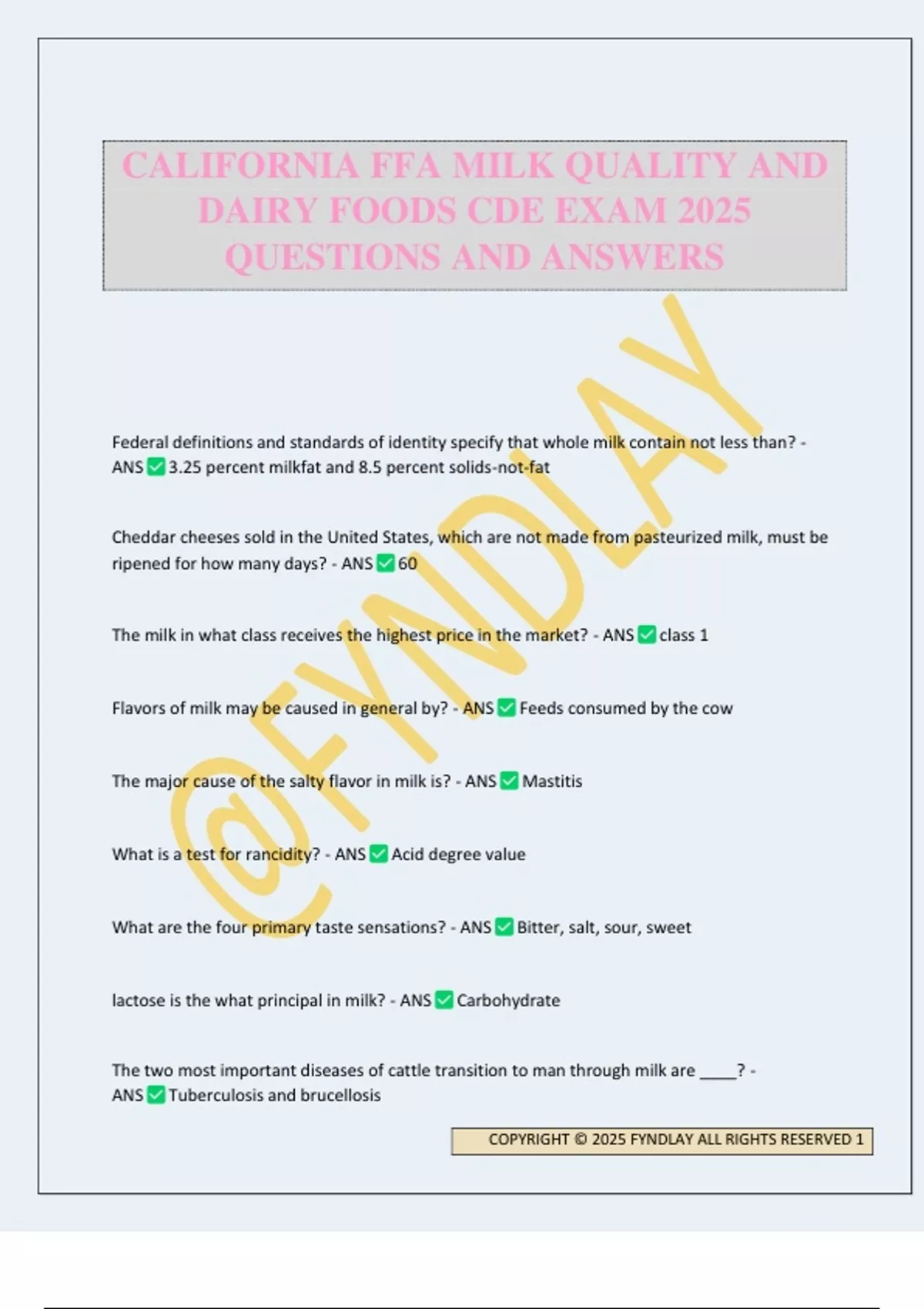CALIFORNIA FFA MILK QUALITY AND DAIRY FOODS CDE EXAM 2025 QUESTIONS AND ...
