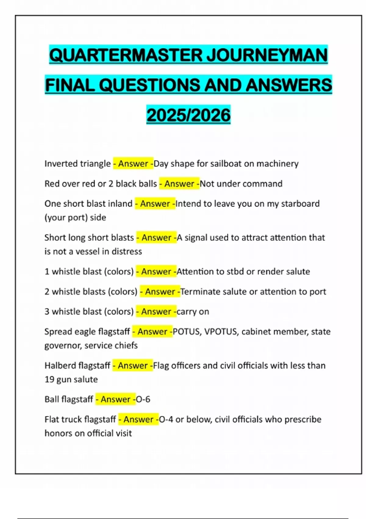 QUARTERMASTER JOURNEYMAN FINAL QUESTIONS AND ANSWERS 2025/2026 ...