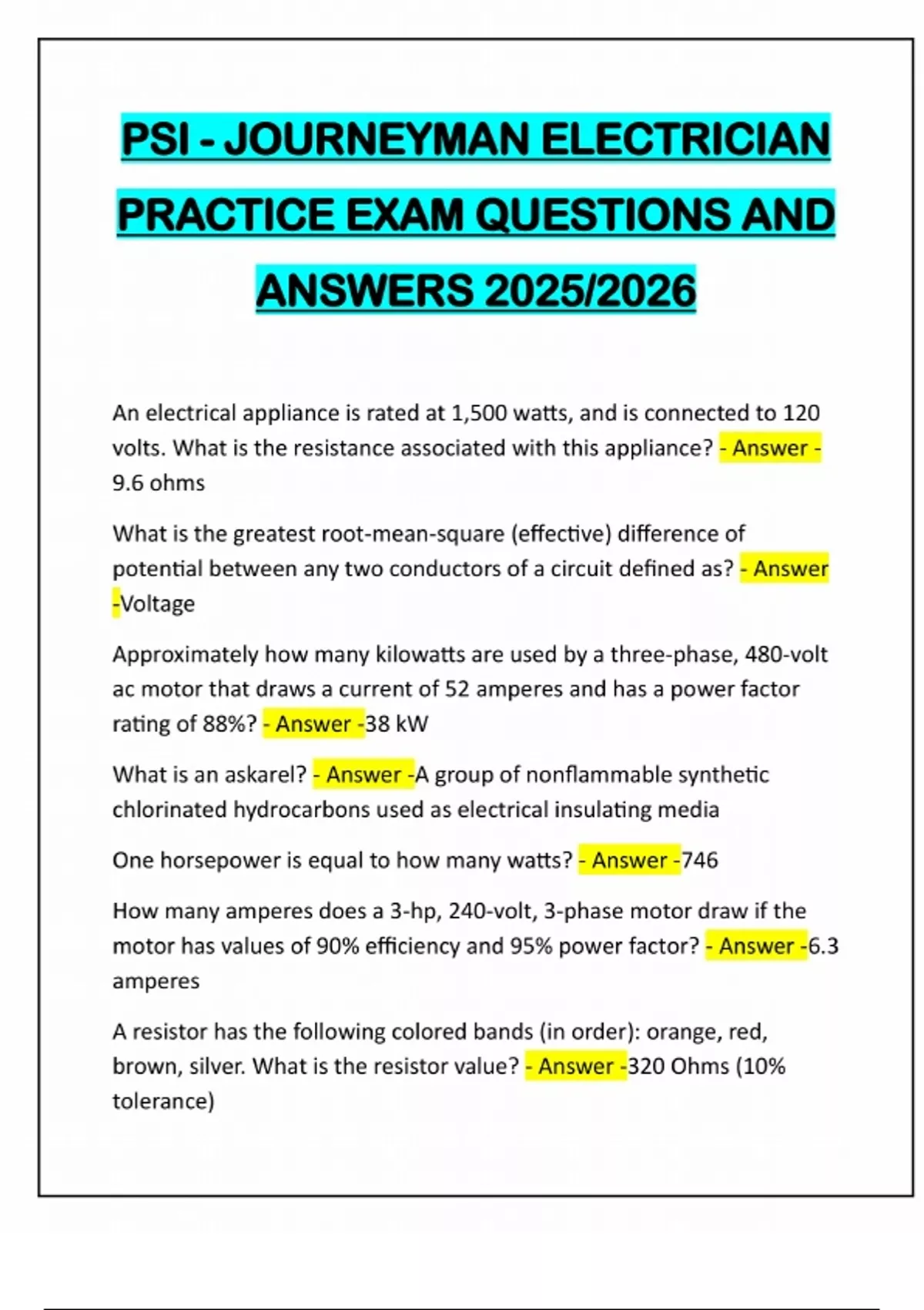 PSI - JOURNEYMAN ELECTRICIAN PRACTICE EXAM QUESTIONS AND ANSWERS 2025/ ...