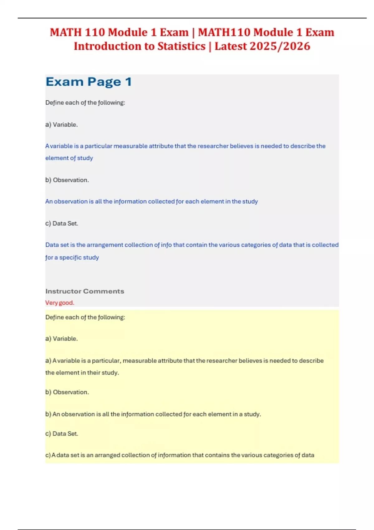 MATH 110 Module 1 Exam – Introduction to Statistics – Portage Learning ...