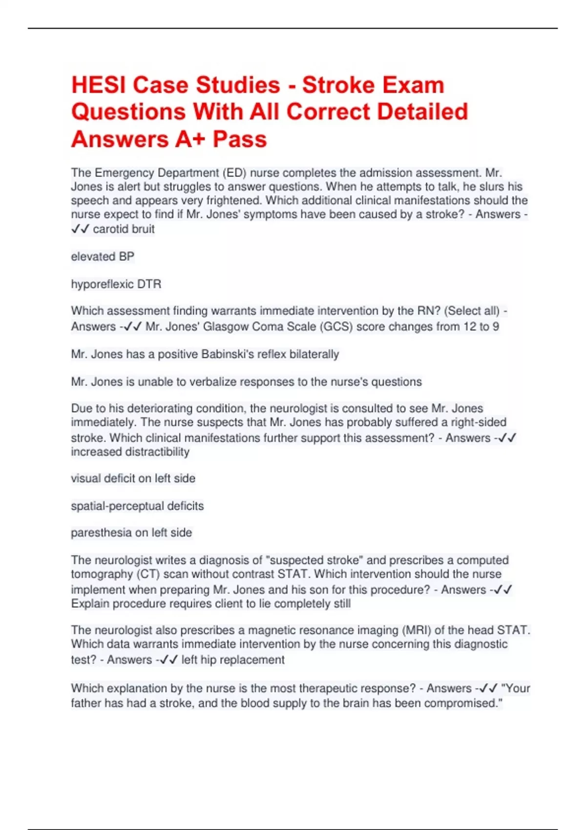 HESI Case Studies - Stroke Exam Questions With All Correct Detailed ...