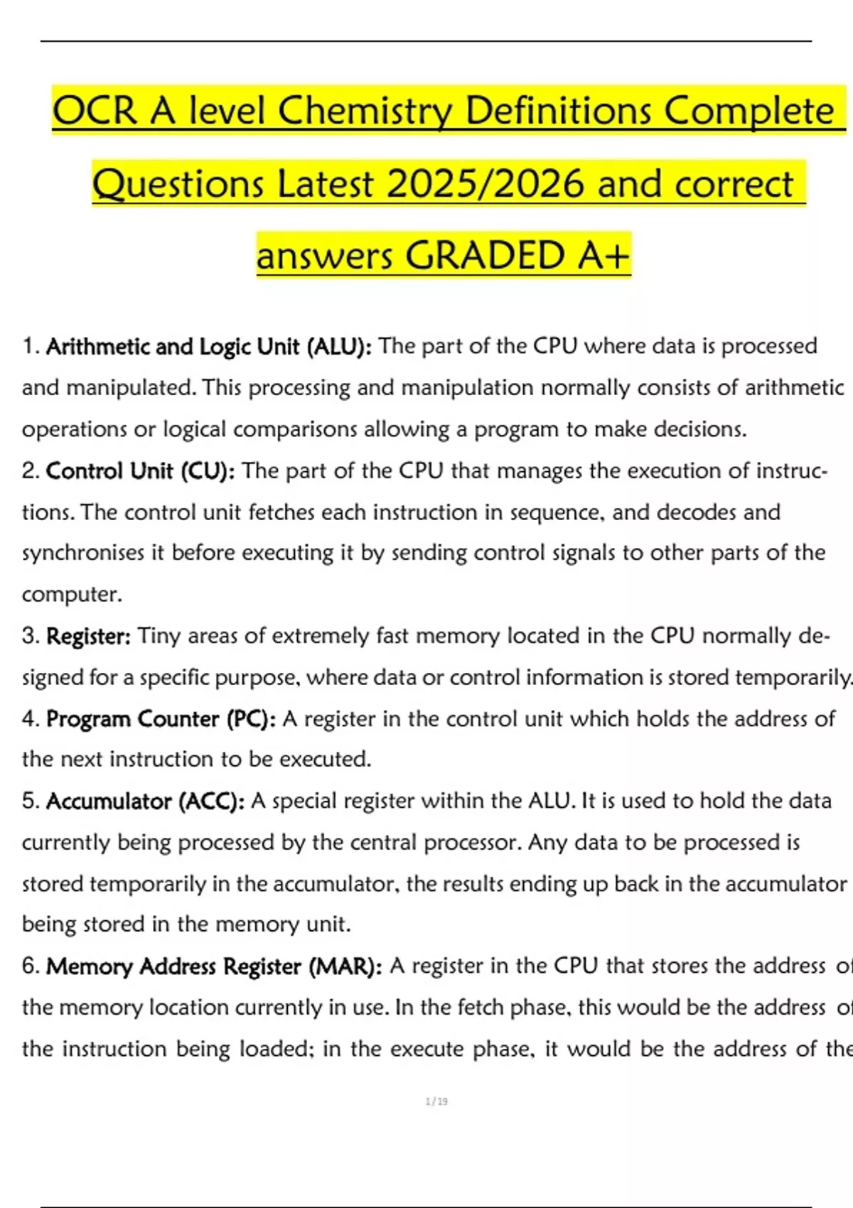 OCR A level Chemistry Definitions Complete Questions Latest 2025/2026 ...