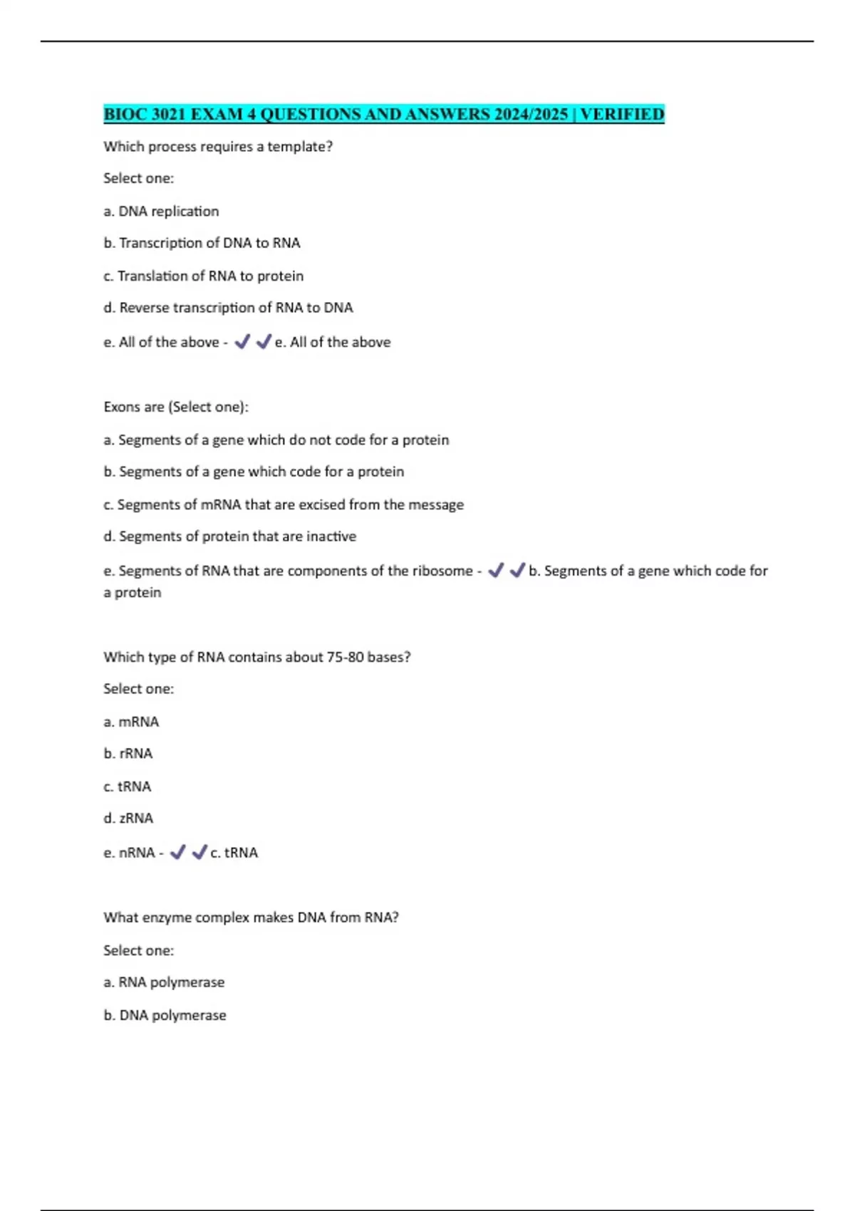 BIOC 3021 EXAM 4 QUESTIONS 2025. Exam Questions and Correct Answers ...