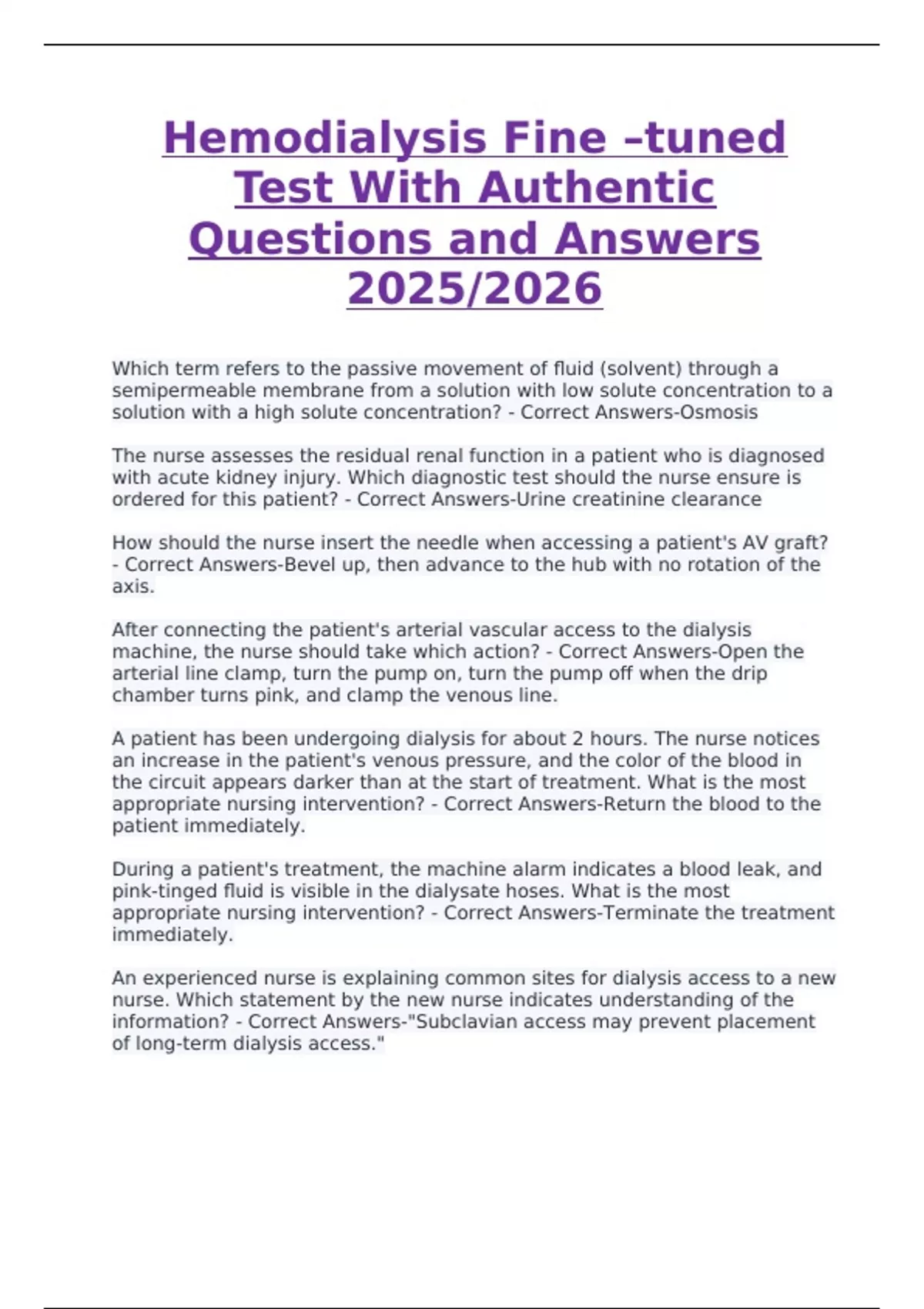 Hemodialysis Fine-Tuned Test – Authentic Questions and Answers – 2025/ ...