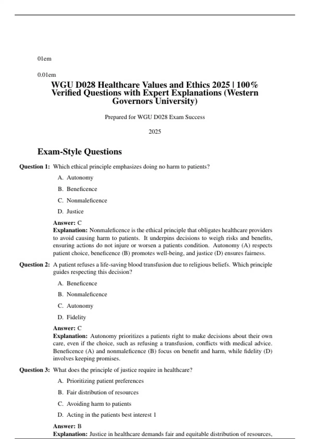 WGU D028 Healthcare Values and Ethics 2025 | 100% Verified Questions ...