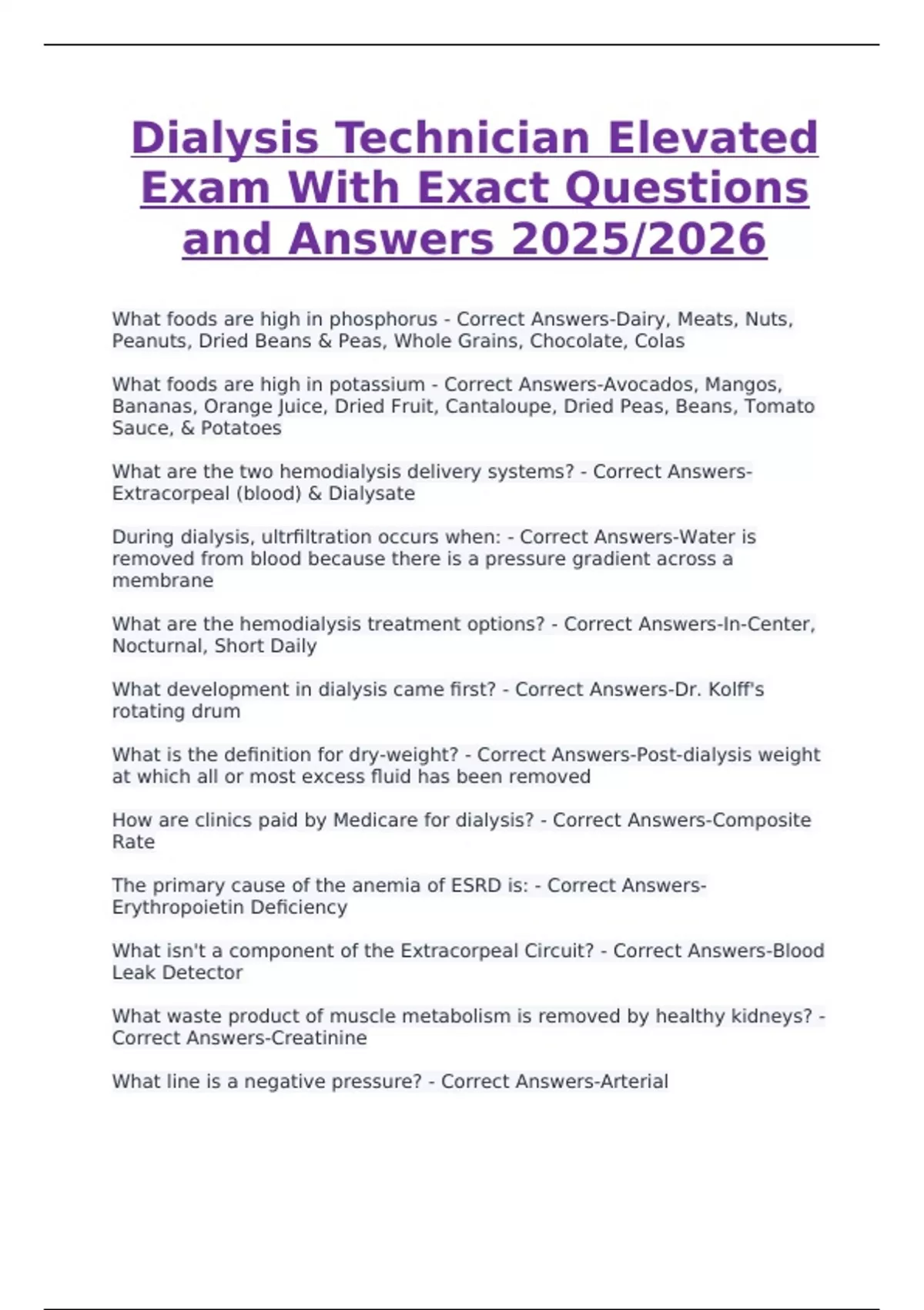 Hemodialysis Upgraded Exam – Approved Questions and Answers – 2025/2026 ...