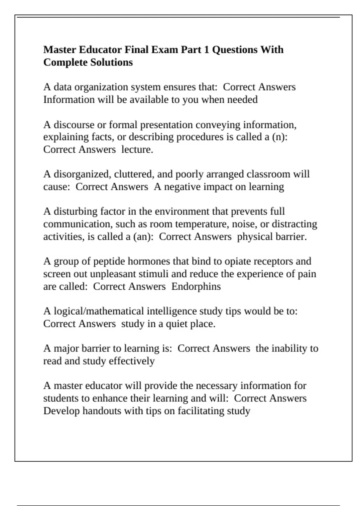 Master Educator Final Exam Part 1 Questions With Complete Solutions ...