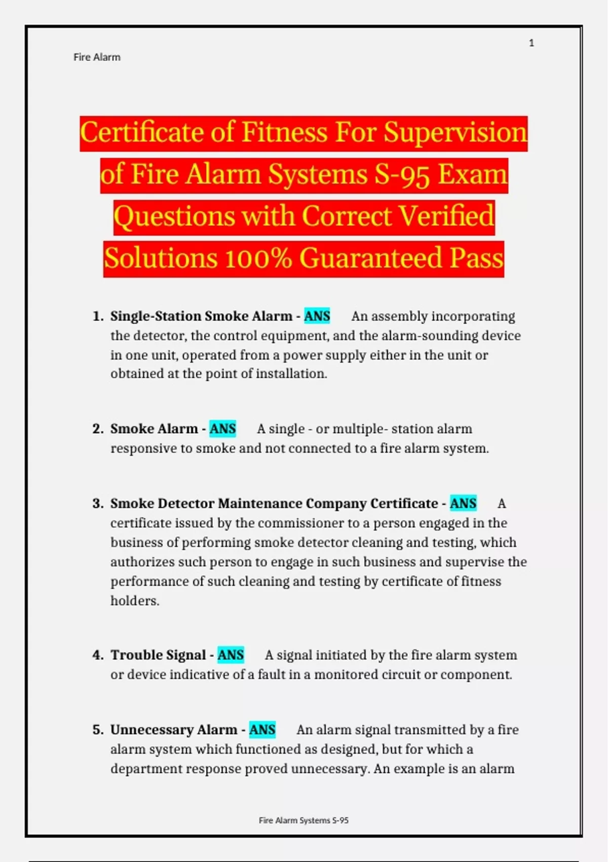 Certificate of Fitness For Supervision of Fire Alarm Systems S-95 Exam ...