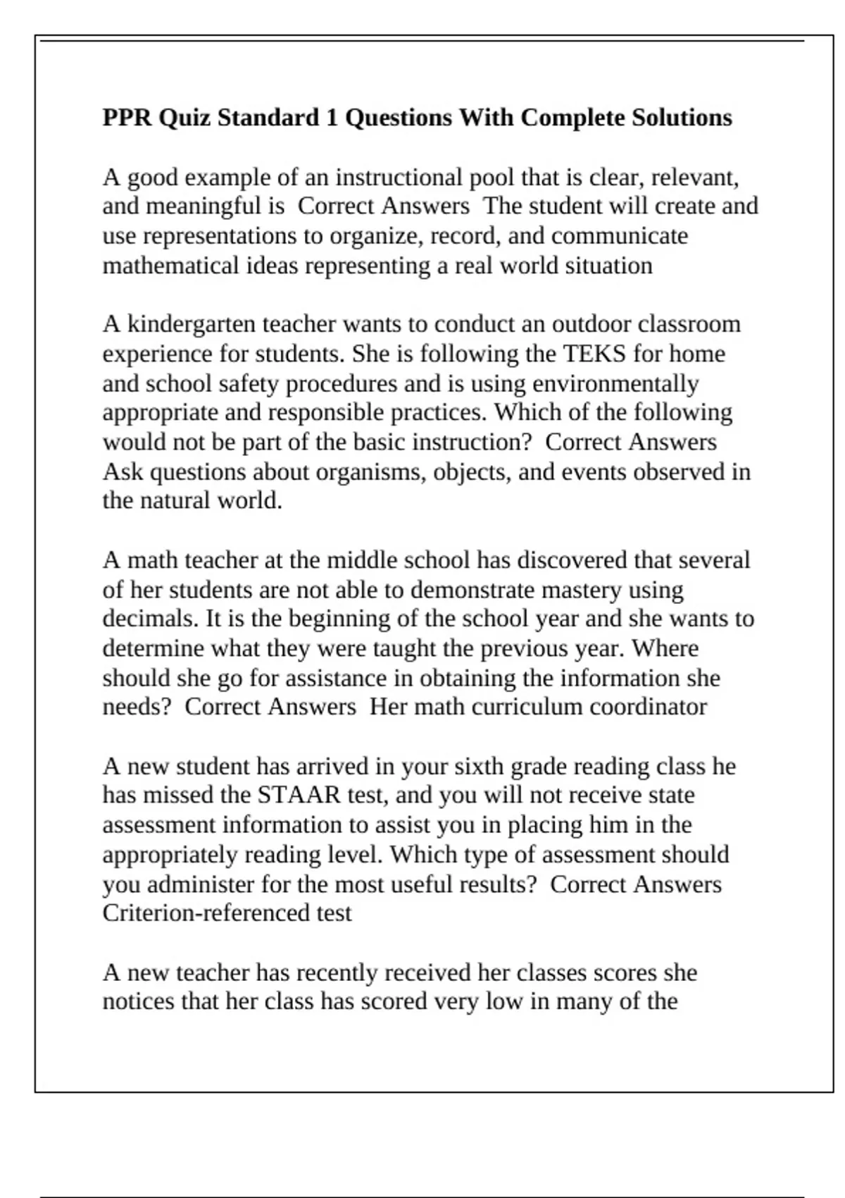 PPR Quiz Standard 1 Questions With Complete Solutions - PPR - Stuvia US