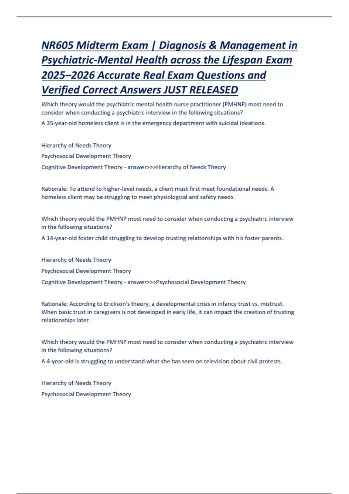 NR605 Midterm Exam – Diagnosis & Management in Psychiatric-Mental Health Across the Lifespan ...