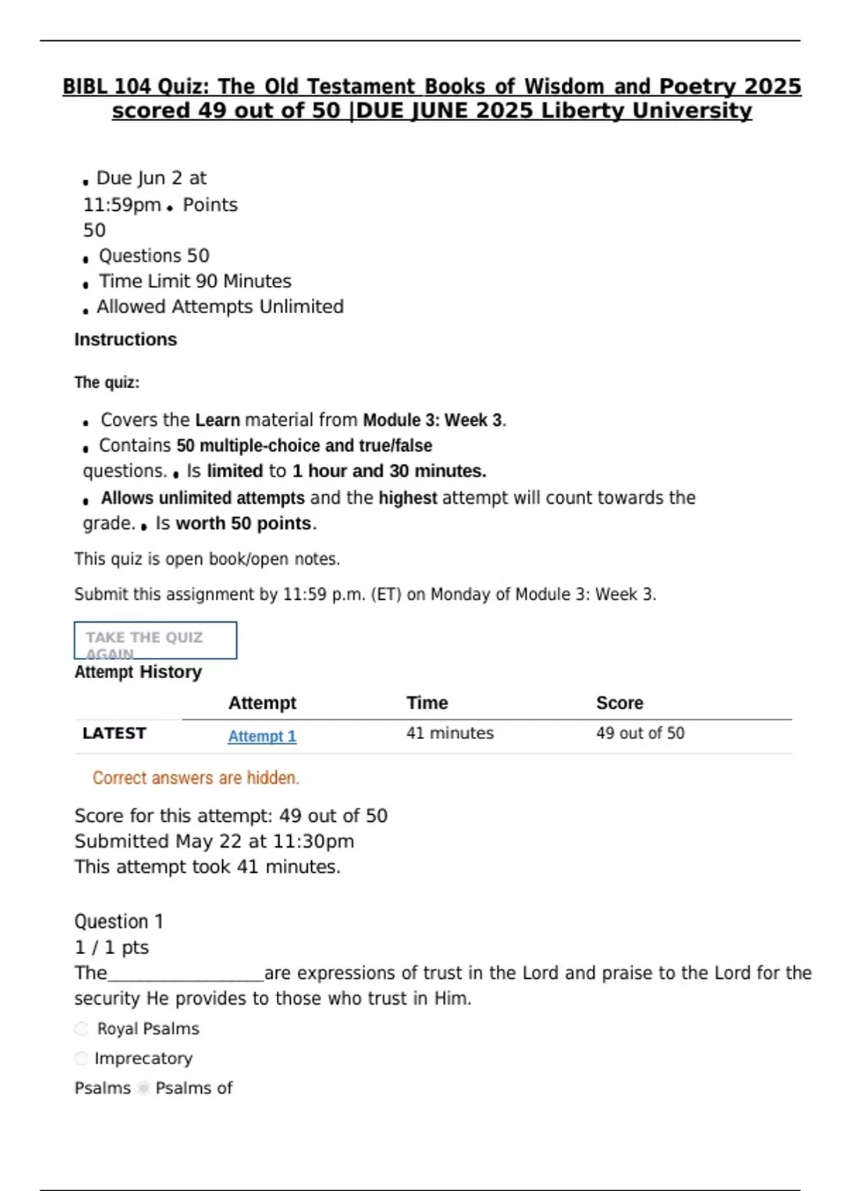 BIBL 104 Quiz: The Old Testament Books of Wisdom and Poetry 2025 scored ...