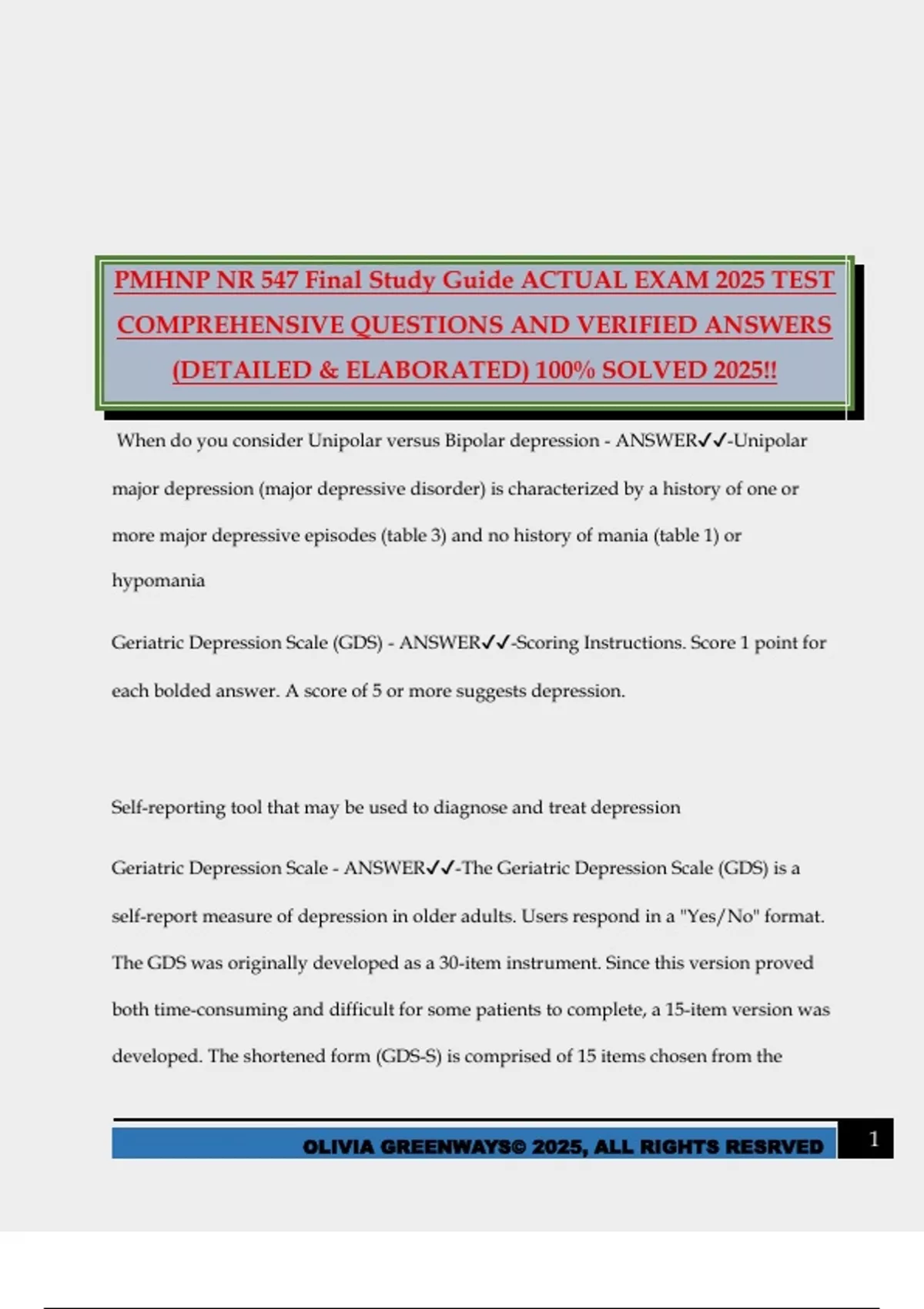 PMHNP NR 547 Final Study Guide ACTUAL EXAM 2025 TEST COMPREHENSIVE ...