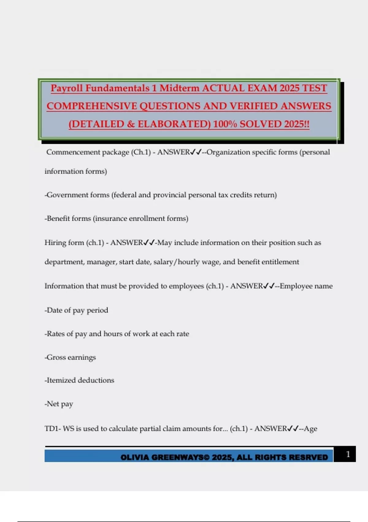 Payroll Fundamentals 1 Midterm ACTUAL EXAM 2025 TEST COMPREHENSIVE ...
