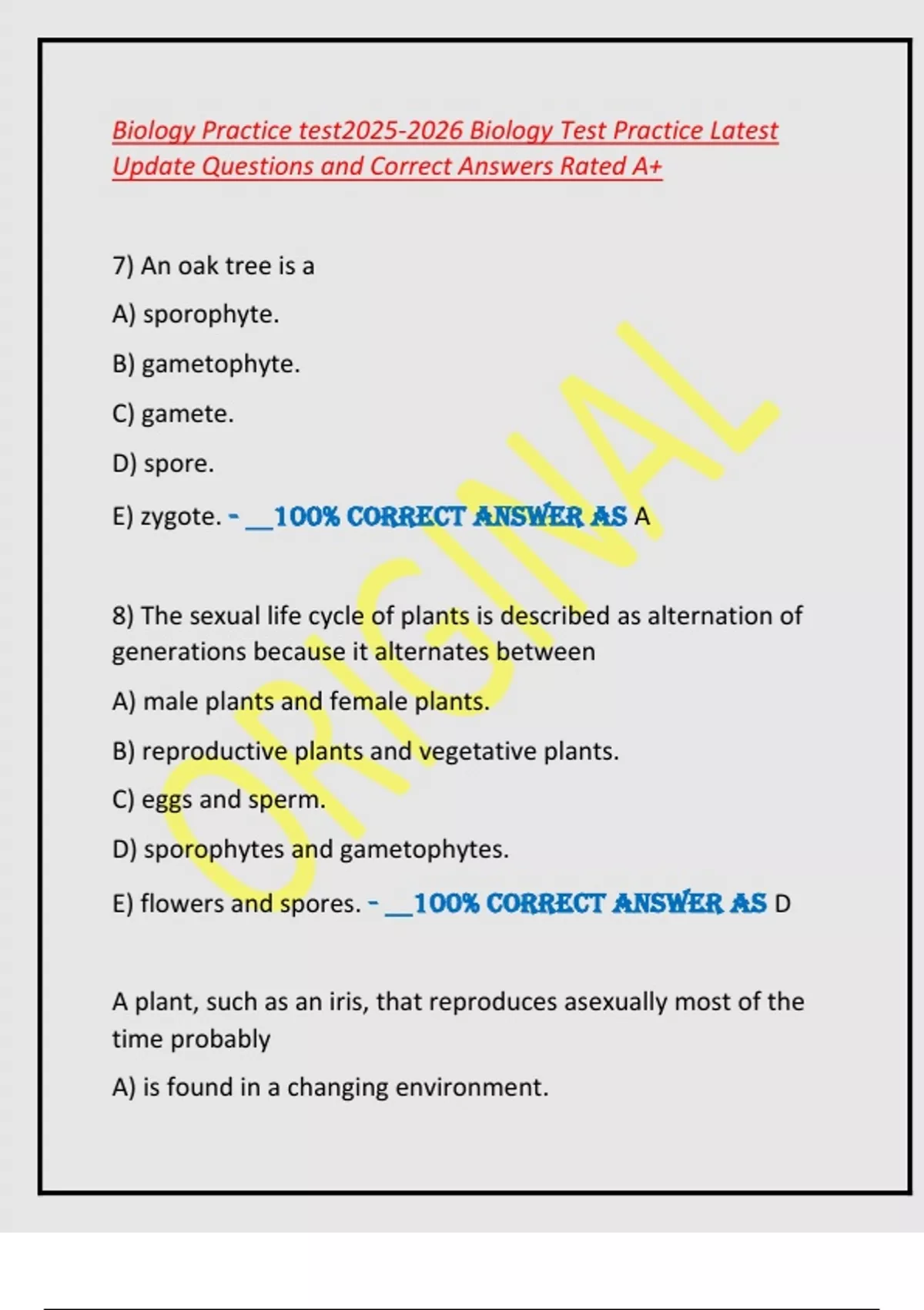 Biology Practice test Biology Test Practice Latest Update Questions and ...