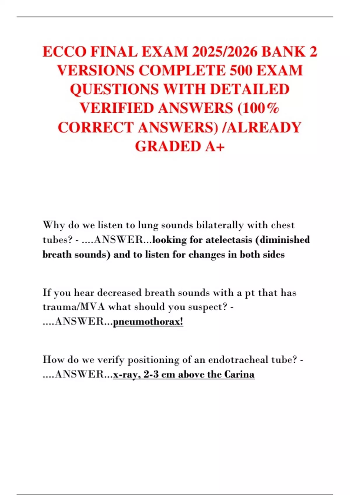 ECCO FINAL EXAM 2025/2026 BANK 2 VERSIONS COMPLETE 500 EXAM QUESTIONS WITH DETAILED VERIFIED ...