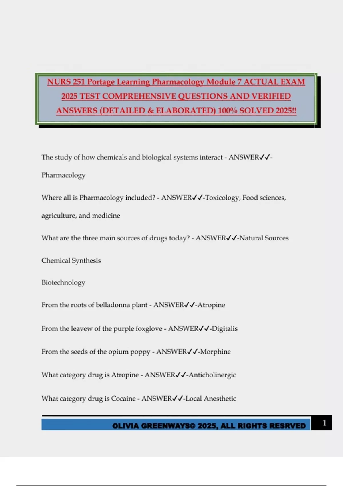 NURS 251 Portage Learning Pharmacology Module 7 ACTUAL EXAM 2025 TEST ...