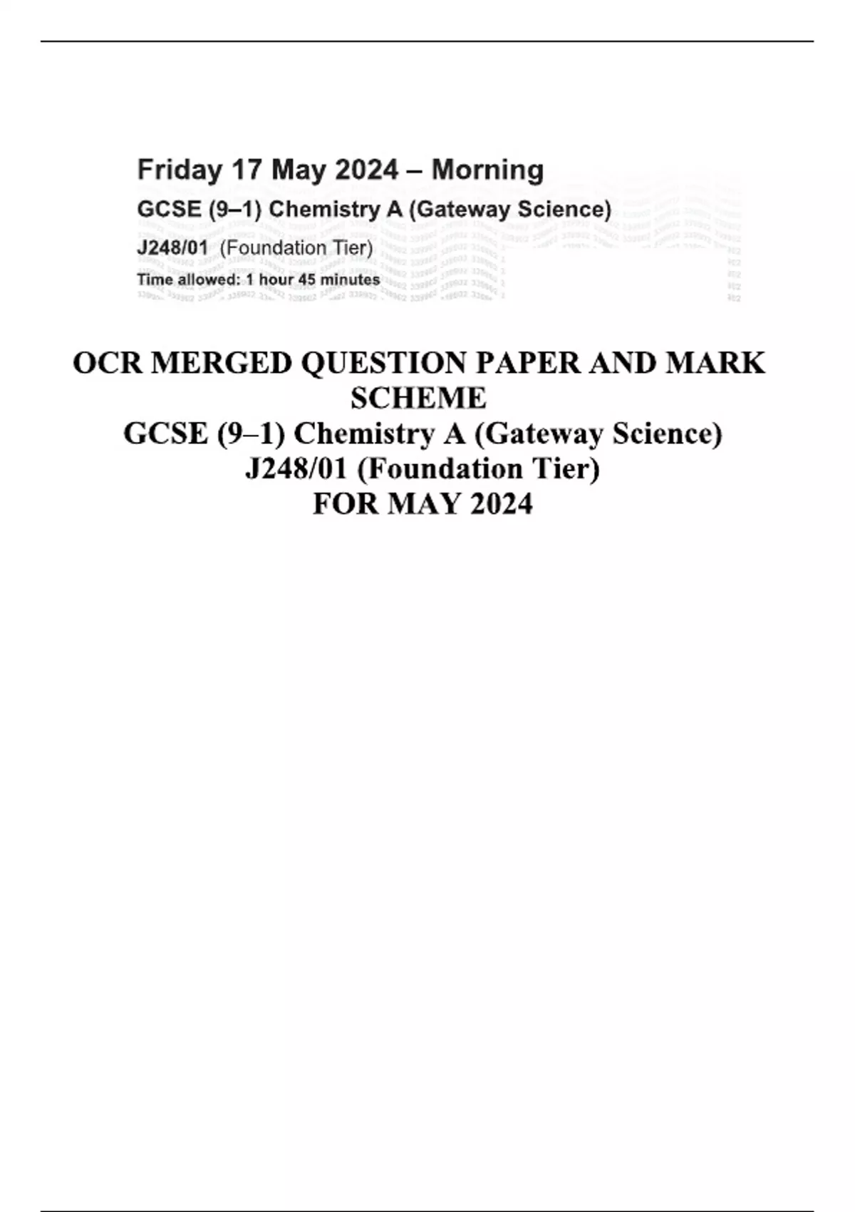 GCSE MAY 2024 OCR CHEMISTRY B PAPER 1 INCLUDING MARK SCHEME questions ...