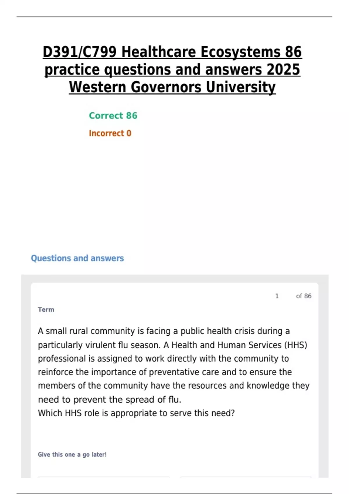D391/C799 Healthcare Ecosystems 86 practice questions and answers 2025 Western Governors ...