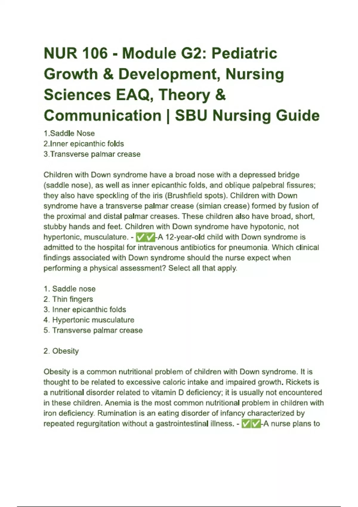 NUR 106 Module G2 Pediatric Growth & Development, Nursing Sciences EAQ, Theory & Communication ...