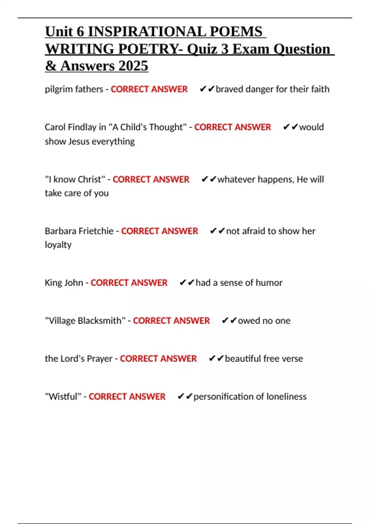 Unit 6 INSPIRATIONAL POEMS WRITING POETRY- Quiz 3 Exam Question ...