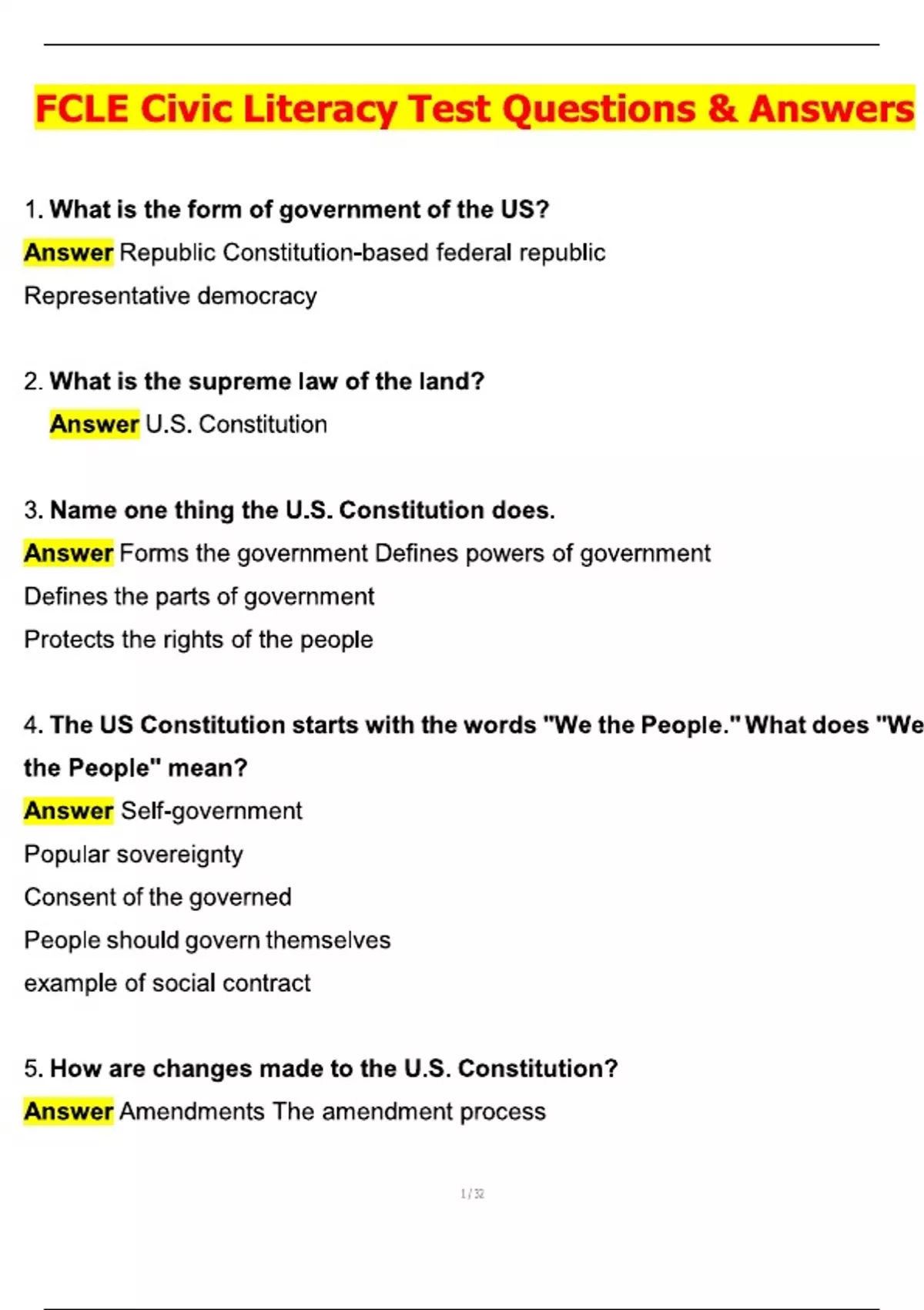 FCLE Florida Civic Literacy Test 2025 ACTUAL EXAM QUESTIONS AND CORRECT ...