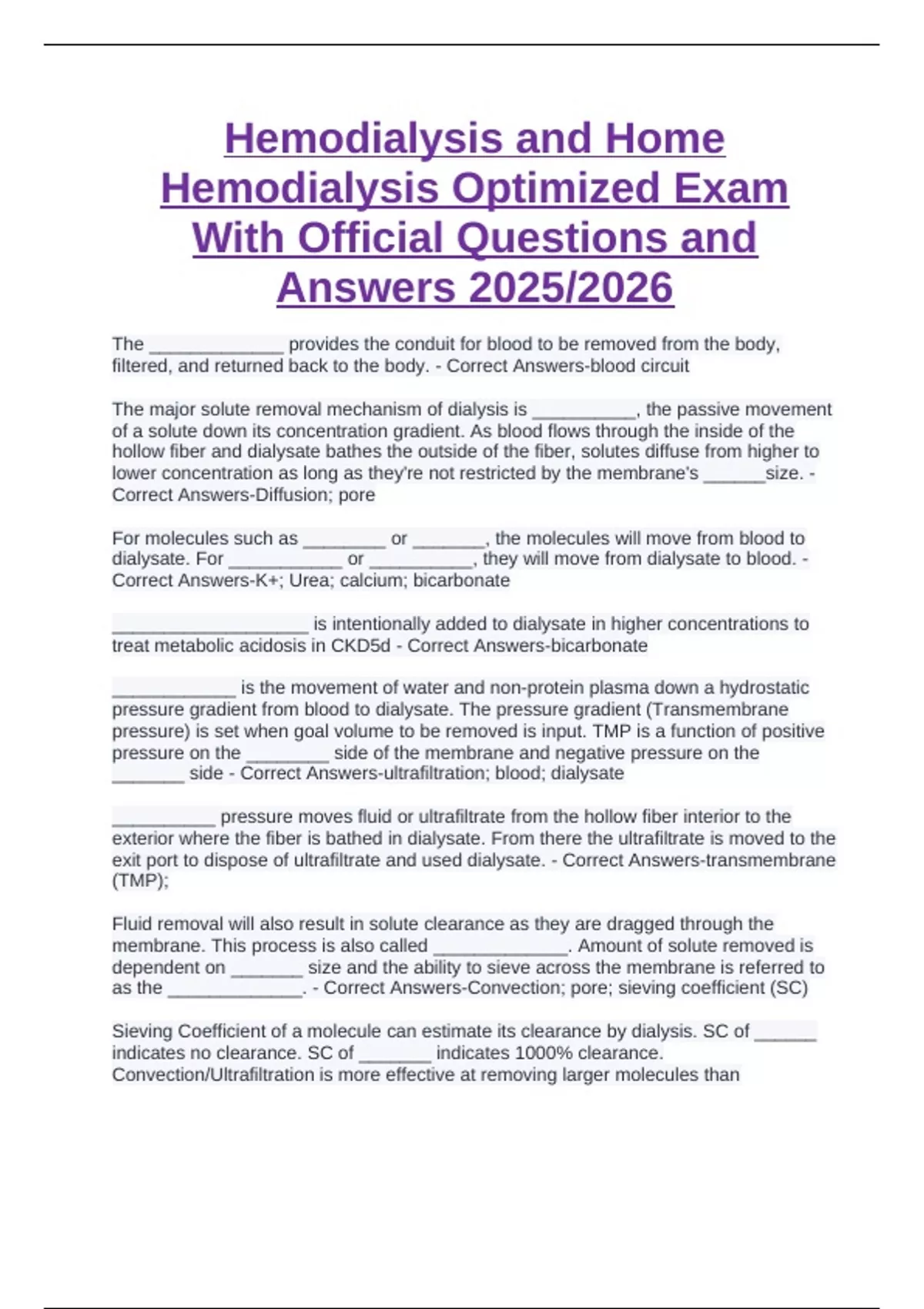 Hemodialysis and Home Hemodialysis Optimized Exam – Official Questions ...