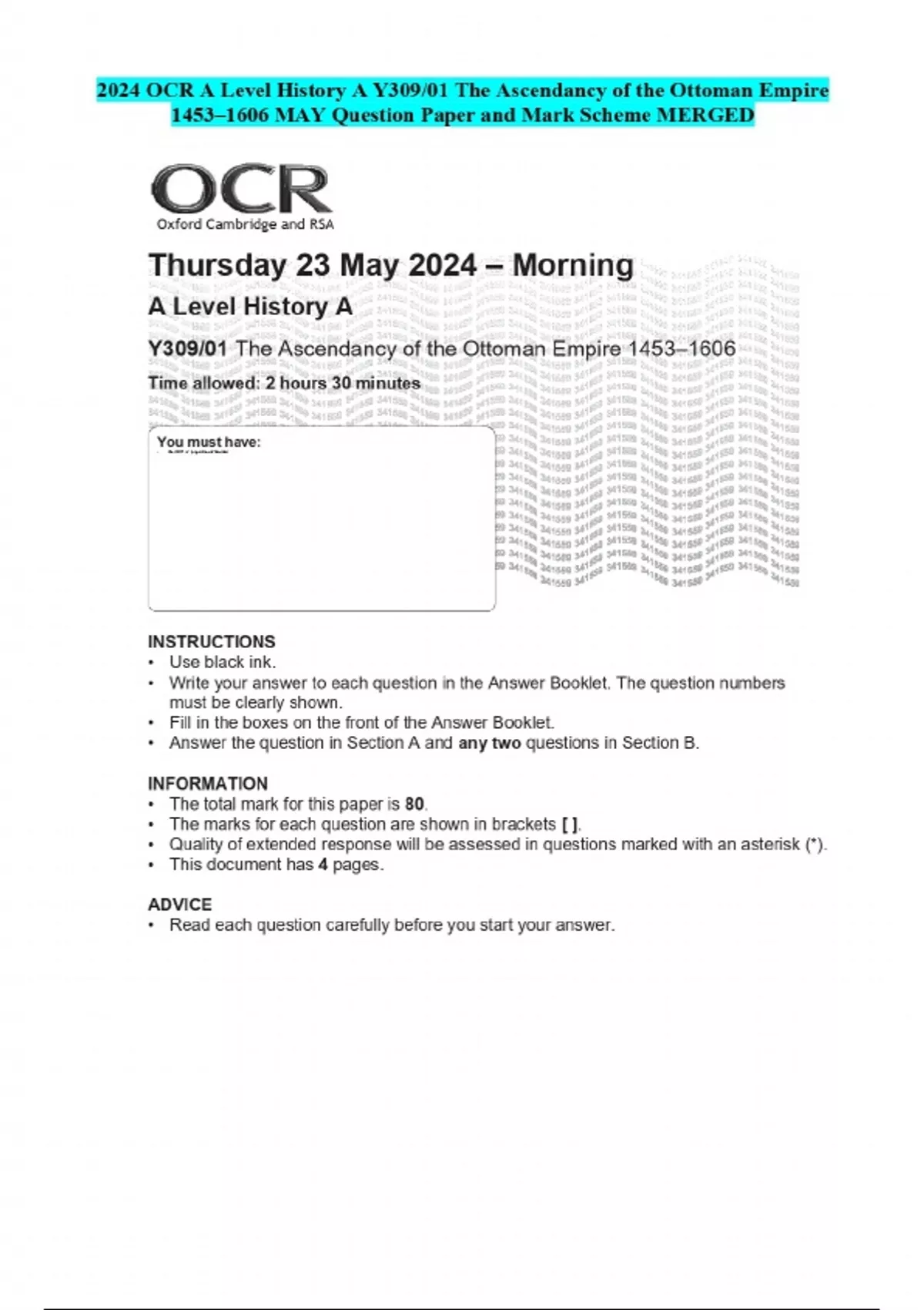 2024 OCR A Level History A Y309/01 The Ascendancy of the Ottoman Empire 1453–1606 MAY Question ...