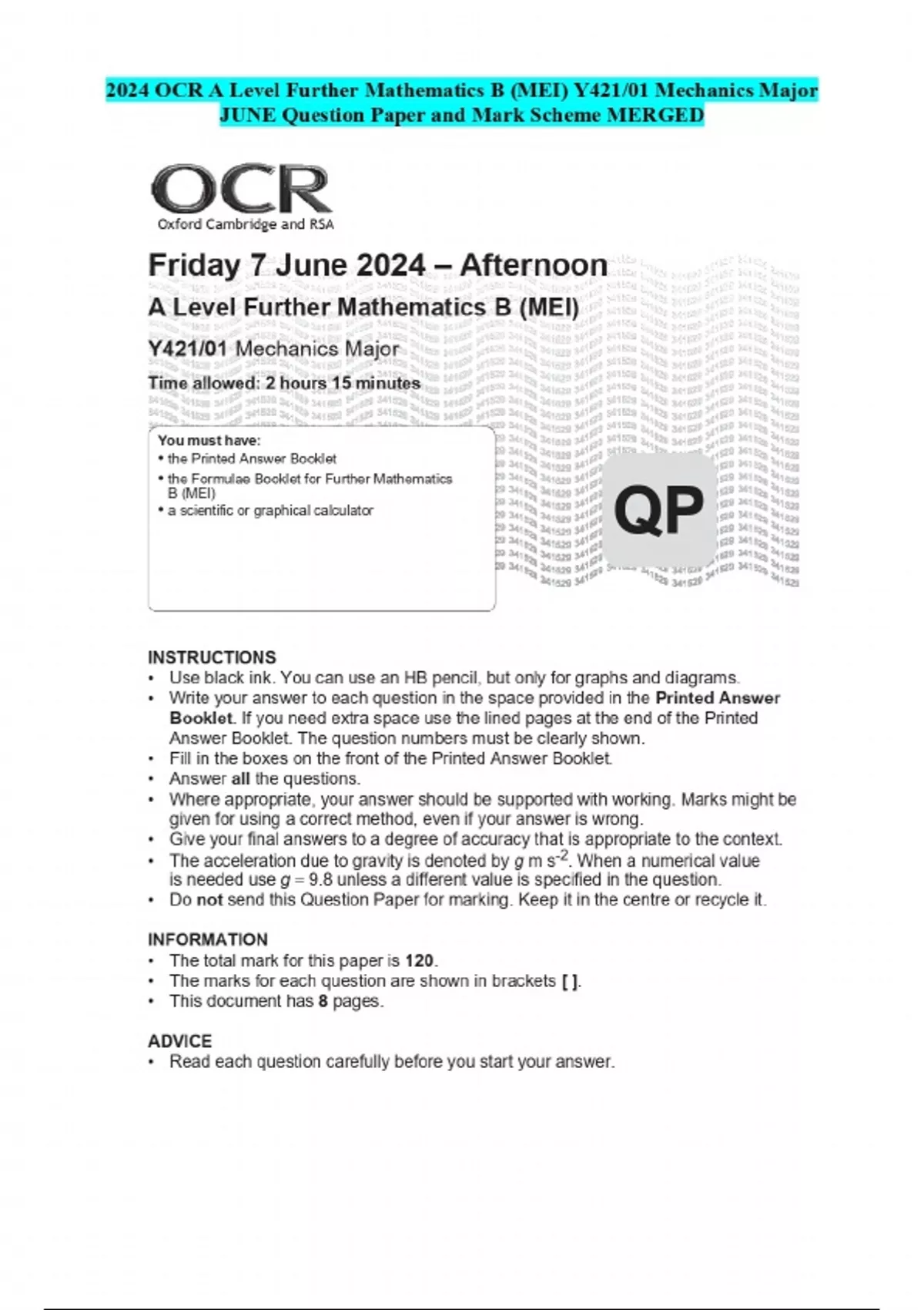 2024 OCR A Level Further Mathematics B (MEI) Y421/01 Mechanics Major ...