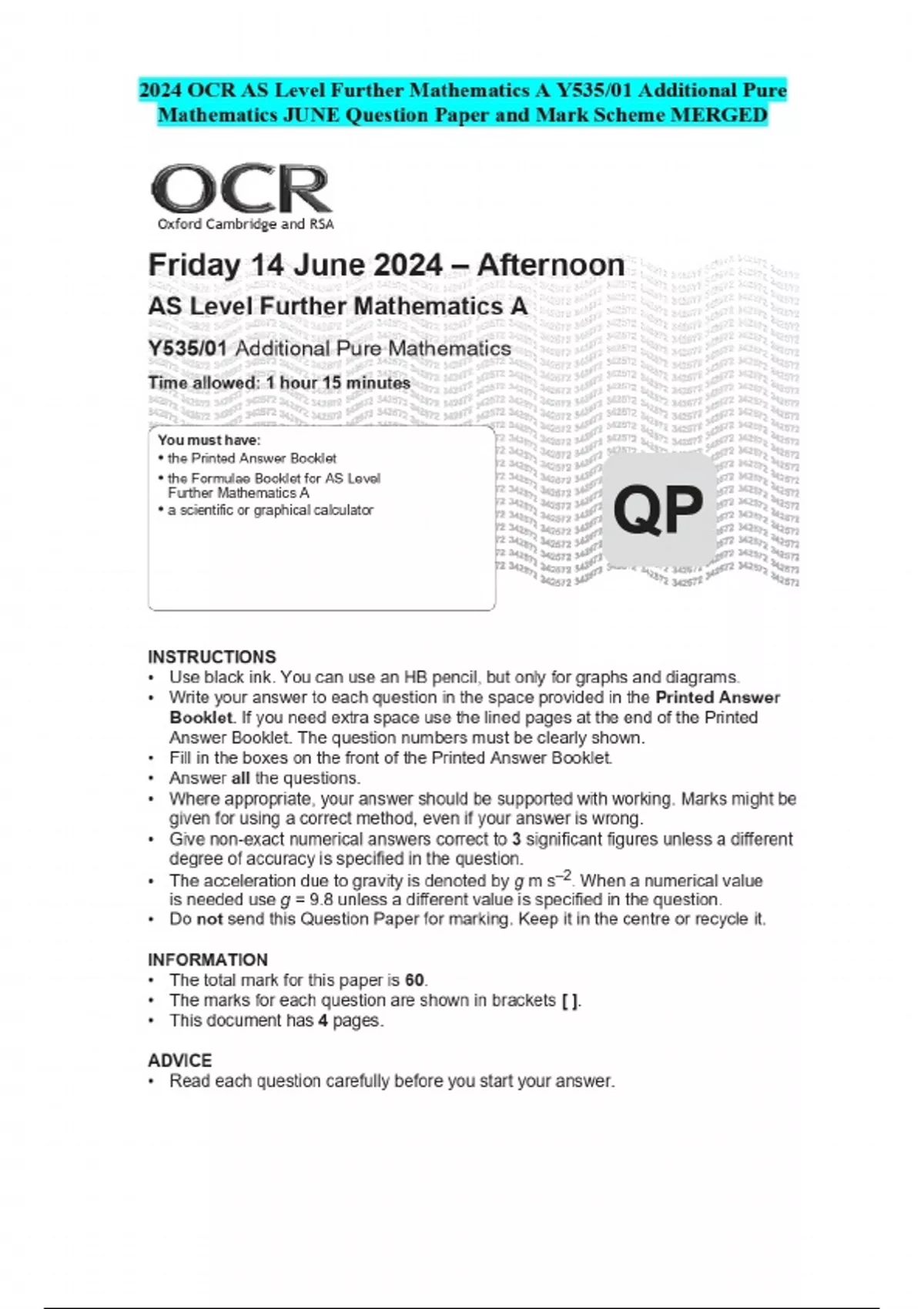 2024 OCR AS Level Further Mathematics A Y535/01 Additional Pure Mathematics JUNE Question Paper ...