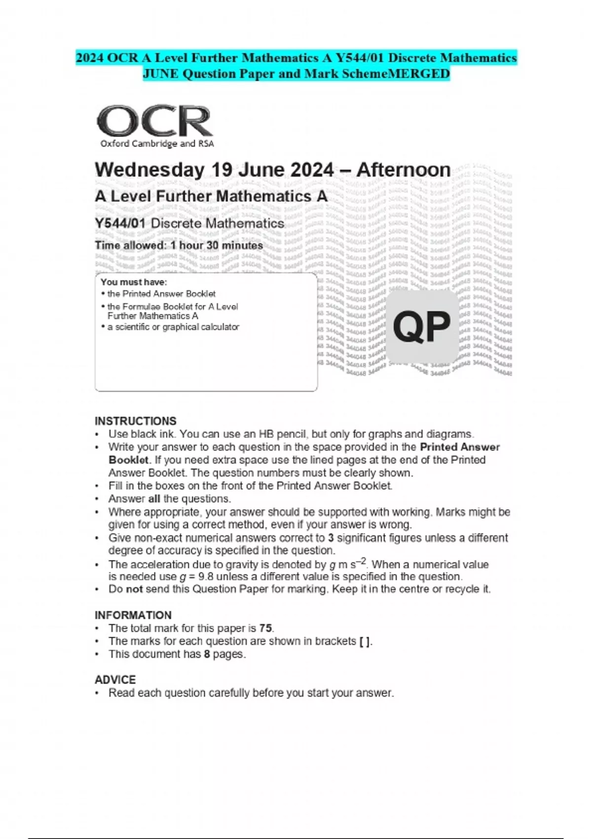 2024 OCR A Level Further Mathematics A Y544/01 Discrete Mathematics ...