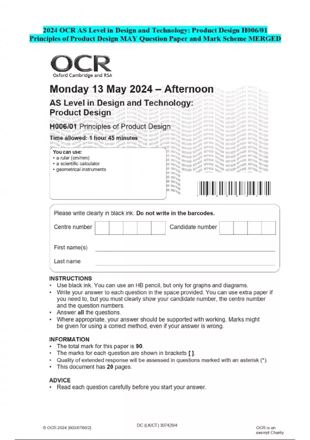 2024 OCR AS Level in Design and Technology: Product Design H006/01 ...