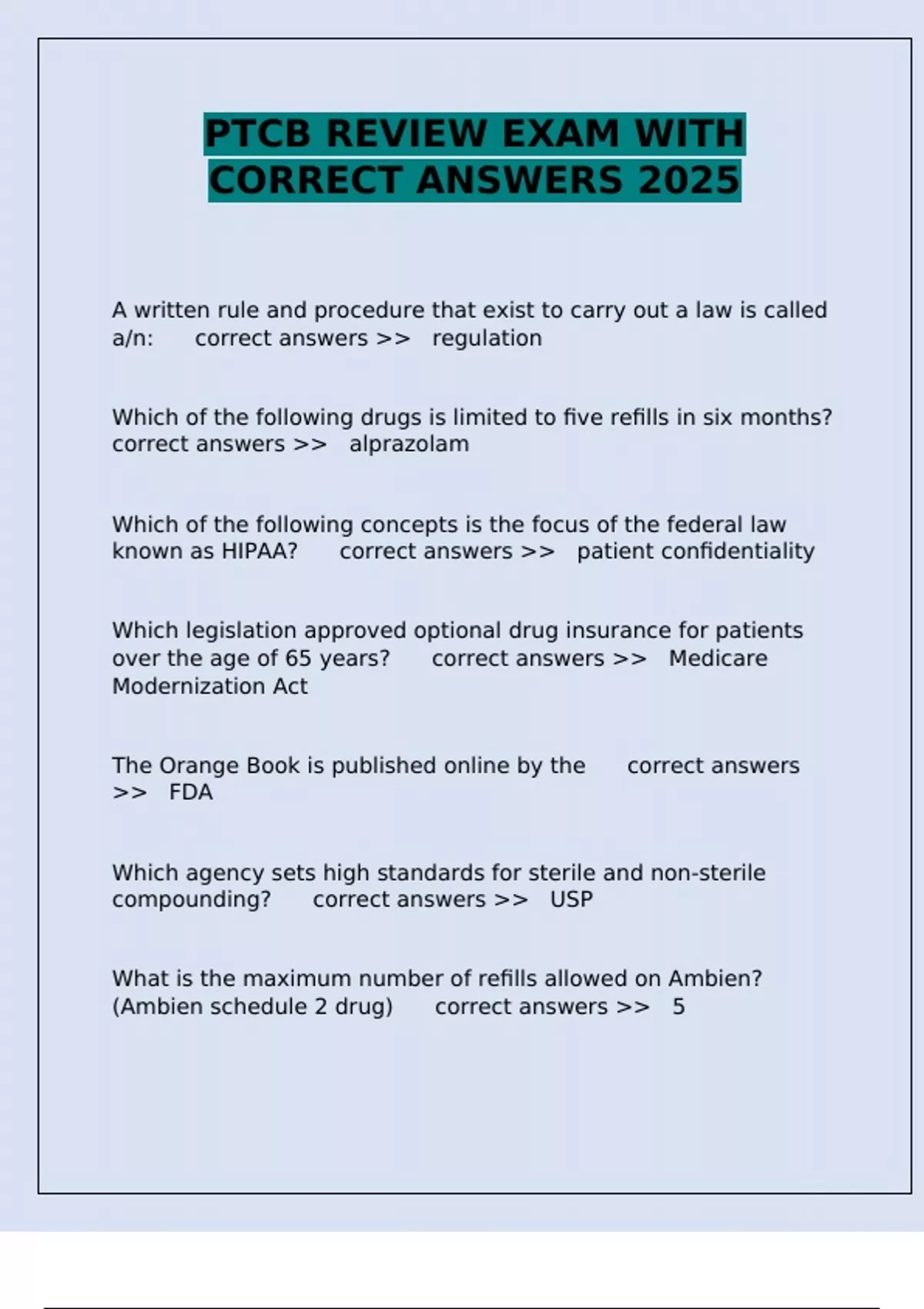 PTCB REVIEW EXAM WITH CORRECT ANSWERS 2025 - PTCB REVIE - Stuvia US