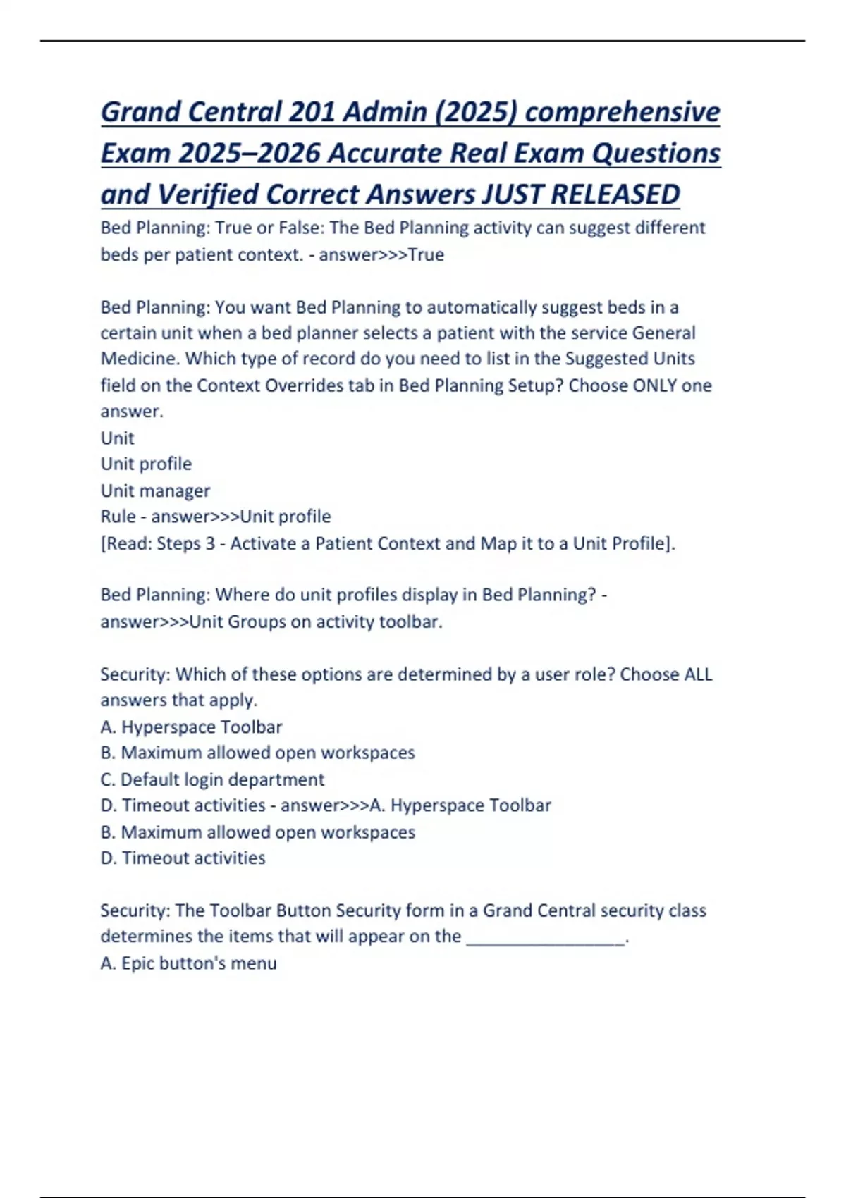 Grand Central 201 Admin Exam 2025–2026 Epic Bed Planning, Transfer ...