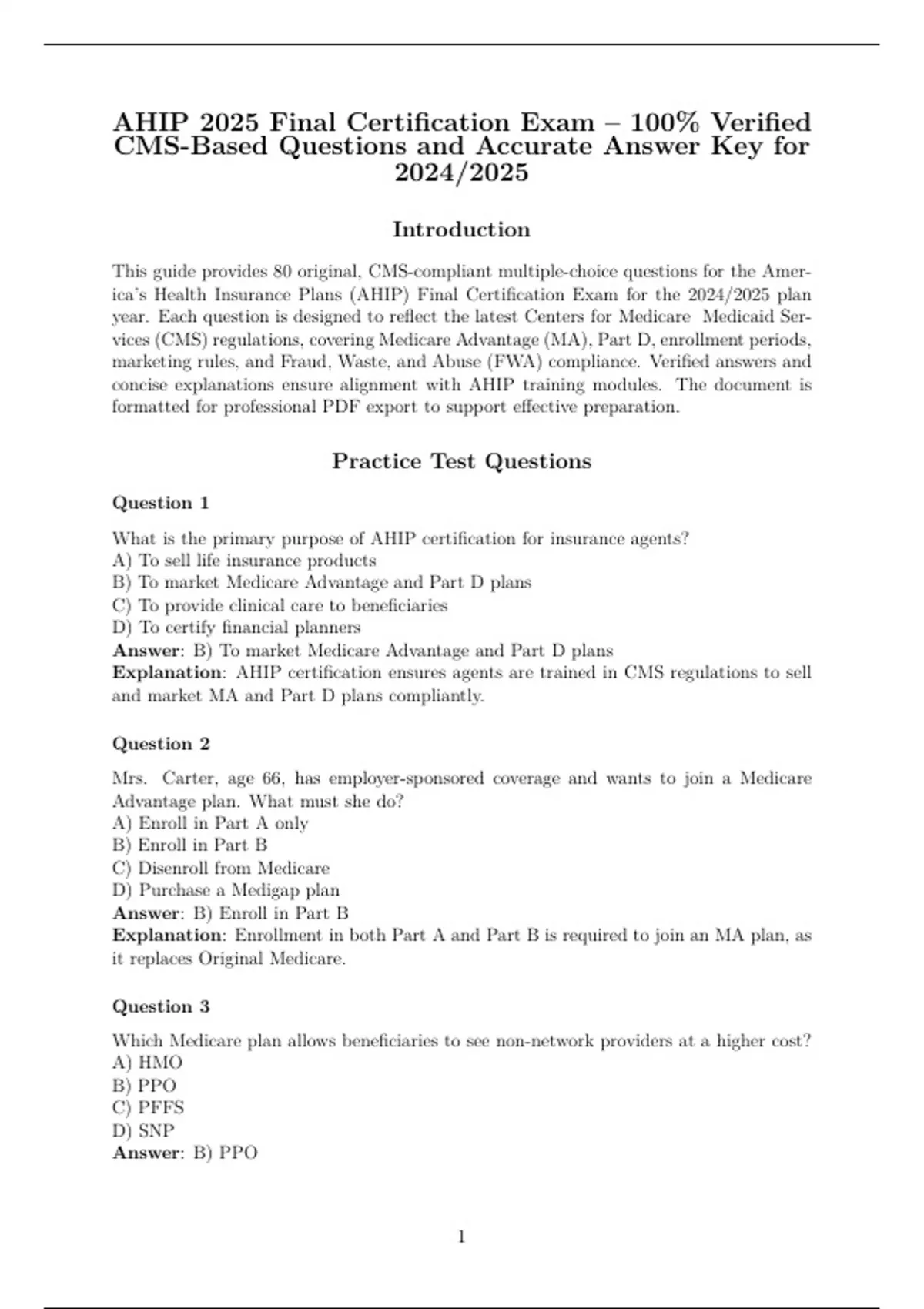 AHIP 2025 Final Certification Exam – 100% Verified CMS-Based Questions ...