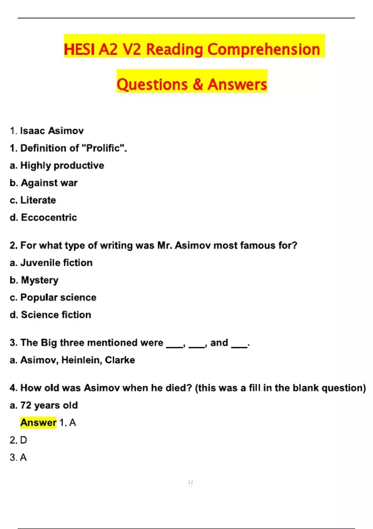 HESI A2 V2 Reading Comprehension Exam 2025 Actual Questions and Answers ...