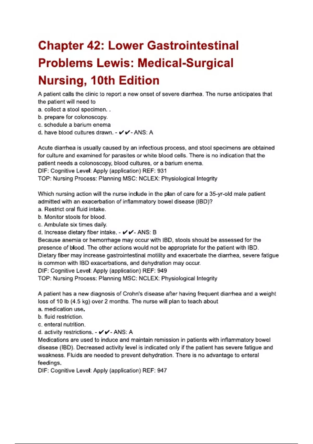 Chapter 42; Lower Gastrointestinal Problems Lewis-Medical-Surgical ...