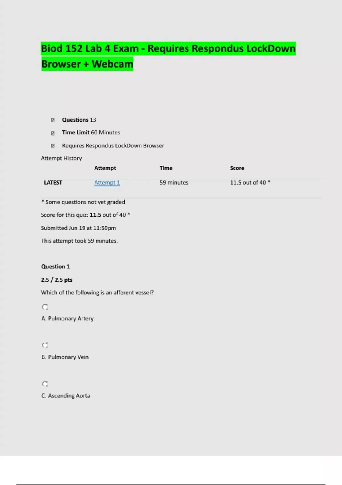 BIOD 152 MODULE EXAMS & LABS (ALL REQUIRE RESPONDUS LOCKDOWN BROWSWER + WEBCAM ) FULLY ...