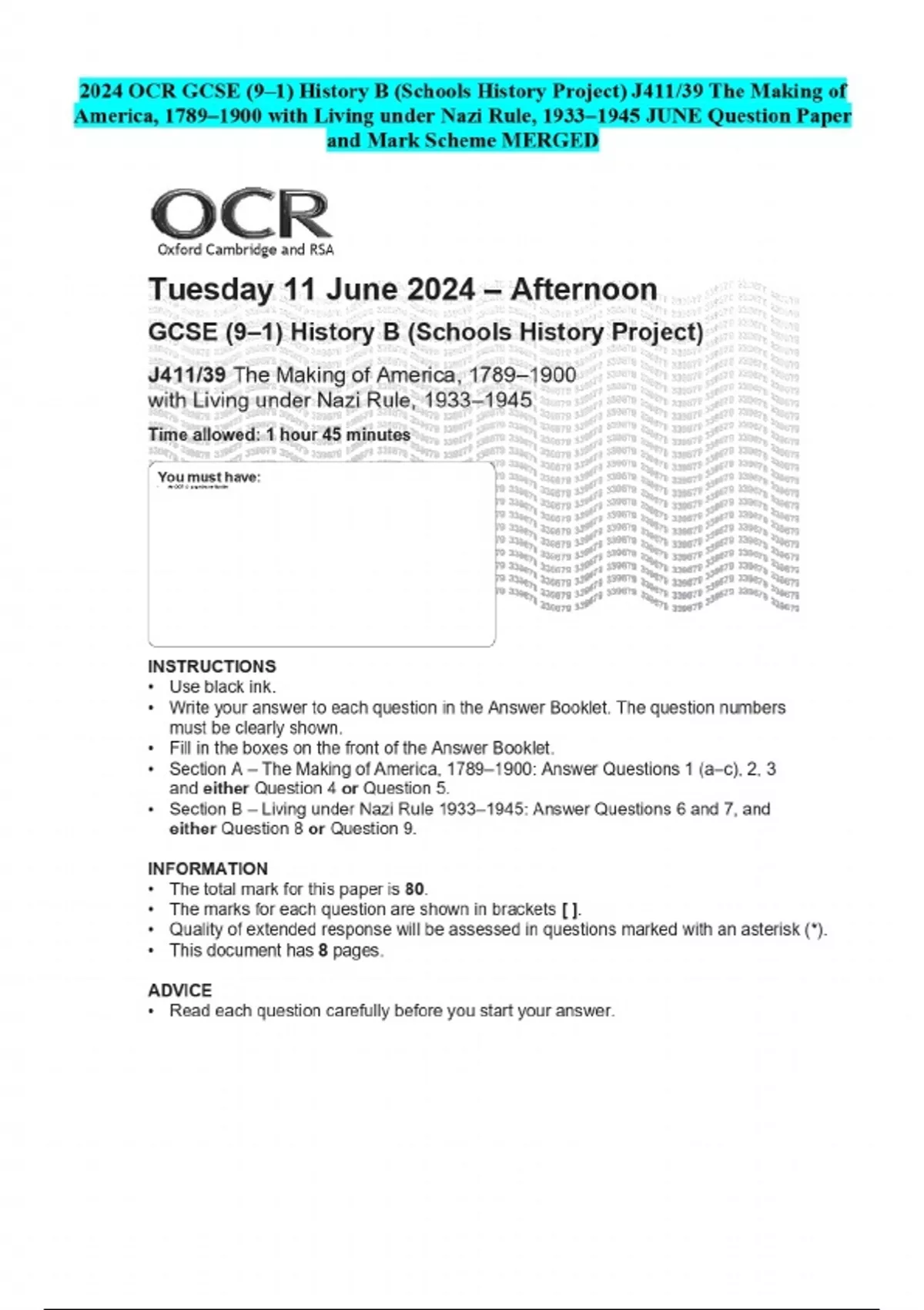 2024 OCR GCSE (9–1) History B (Schools History Project) J411/39 The ...