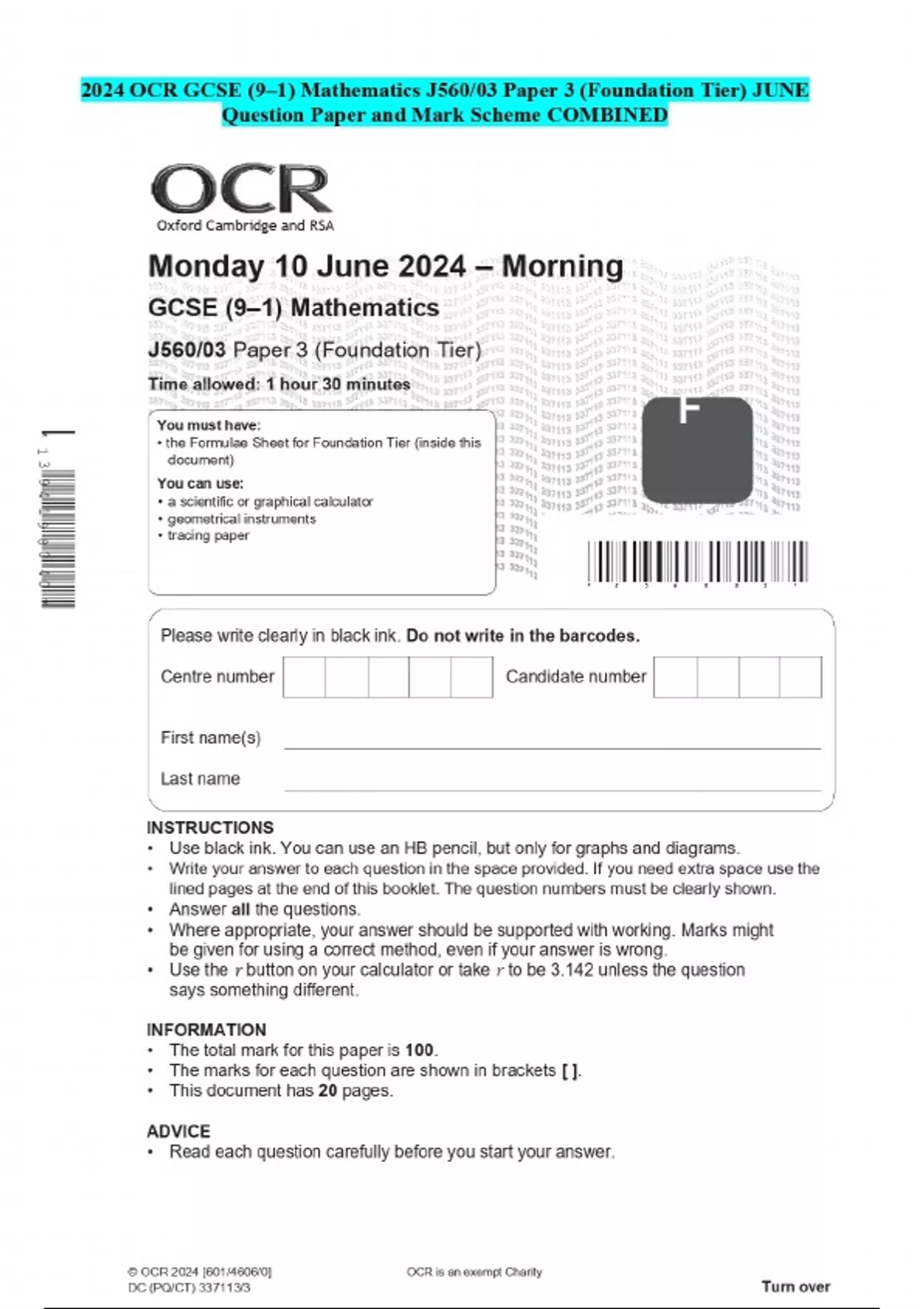 2024 OCR GCSE (9–1) Mathematics J560/03 Paper 3 (Foundation Tier) JUNE ...