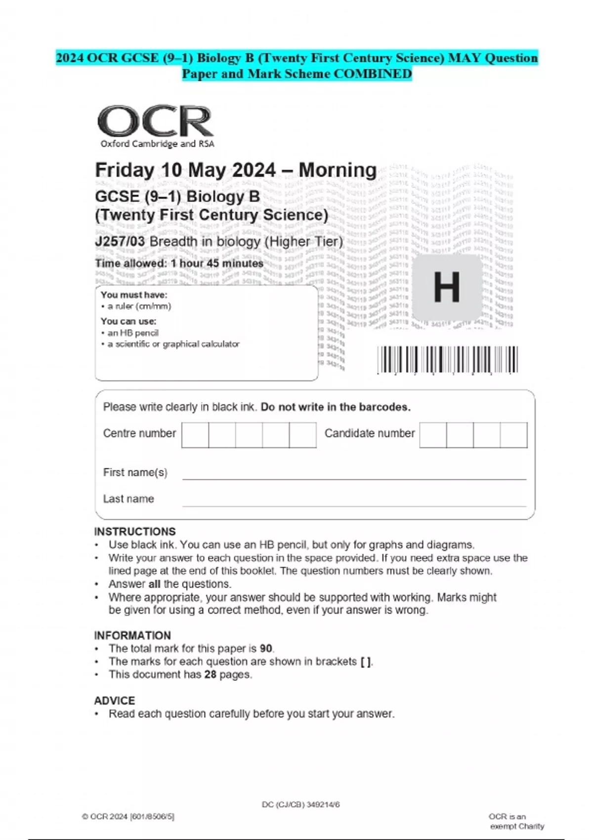 2024 OCR GCSE (9–1) Biology B (Twenty First Century Science) MAY Question Paper and Mark Scheme ...