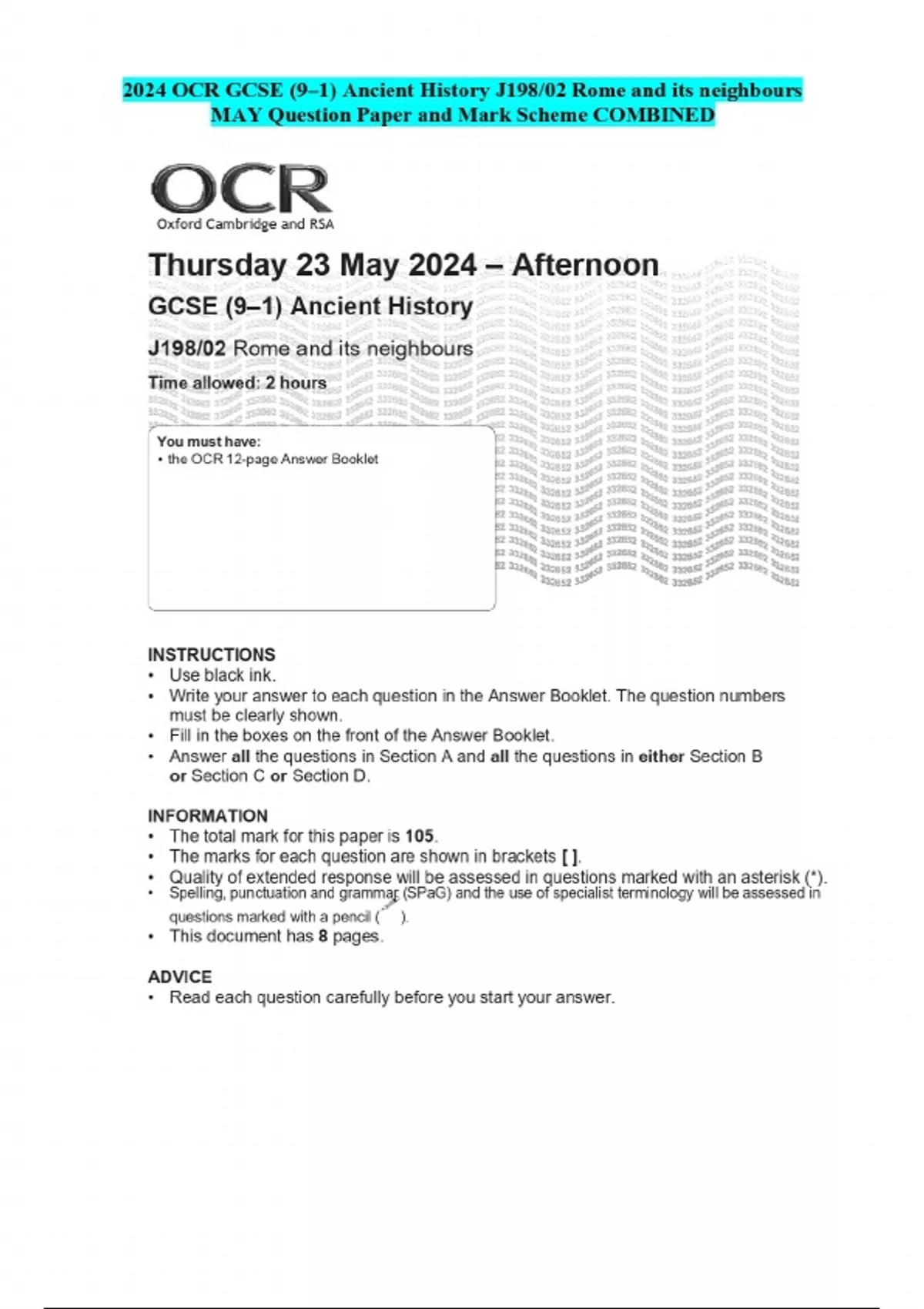 2024 OCR GCSE (9–1) Ancient History J198/02 Rome and its neighbours MAY ...