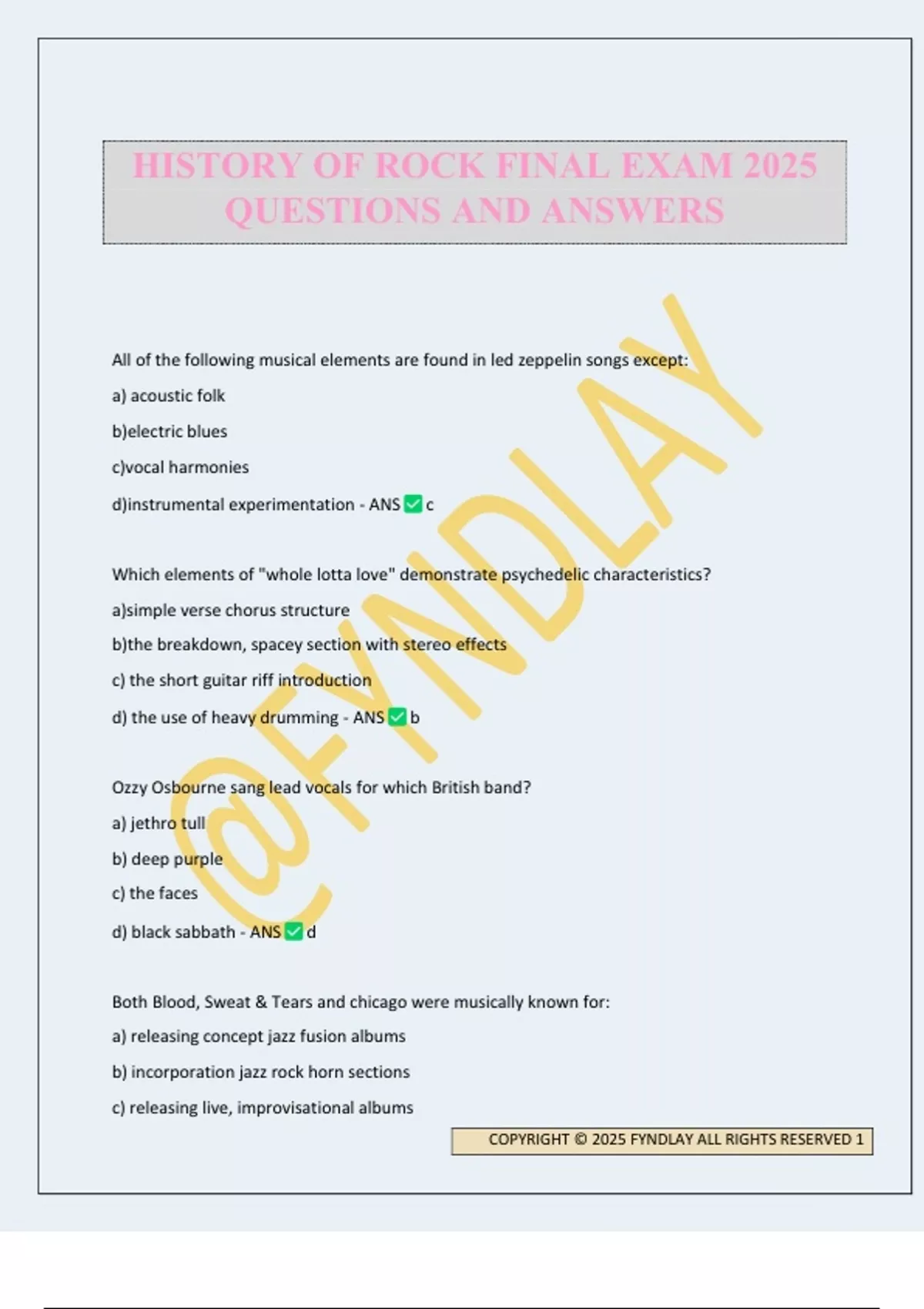 HISTORY OF ROCK FINAL EXAM 2025 QUESTIONS AND ANSWERS - HISTORY OF ROCK ...