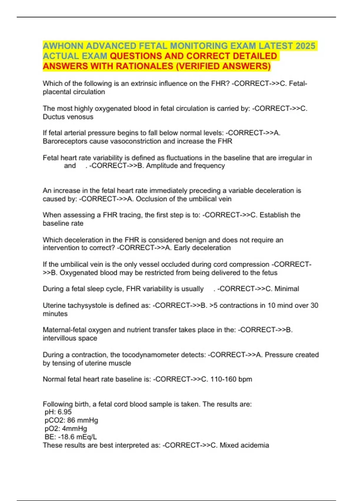 AWHONN ADVANCED FETAL MONITORING EXAM LATEST 2025 ACTUAL EXAM QUESTIONS ...