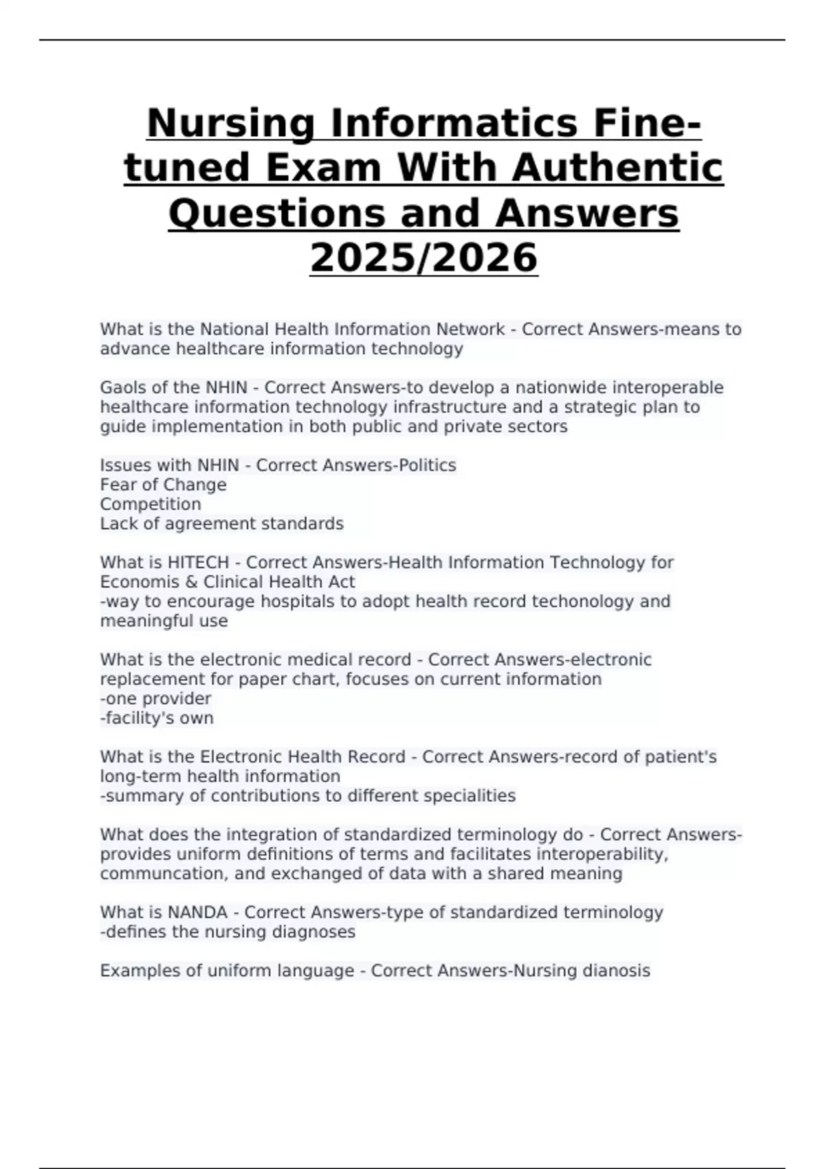 Nursing Informatics Fine-Tuned Exam – Authentic Questions and Answers ...
