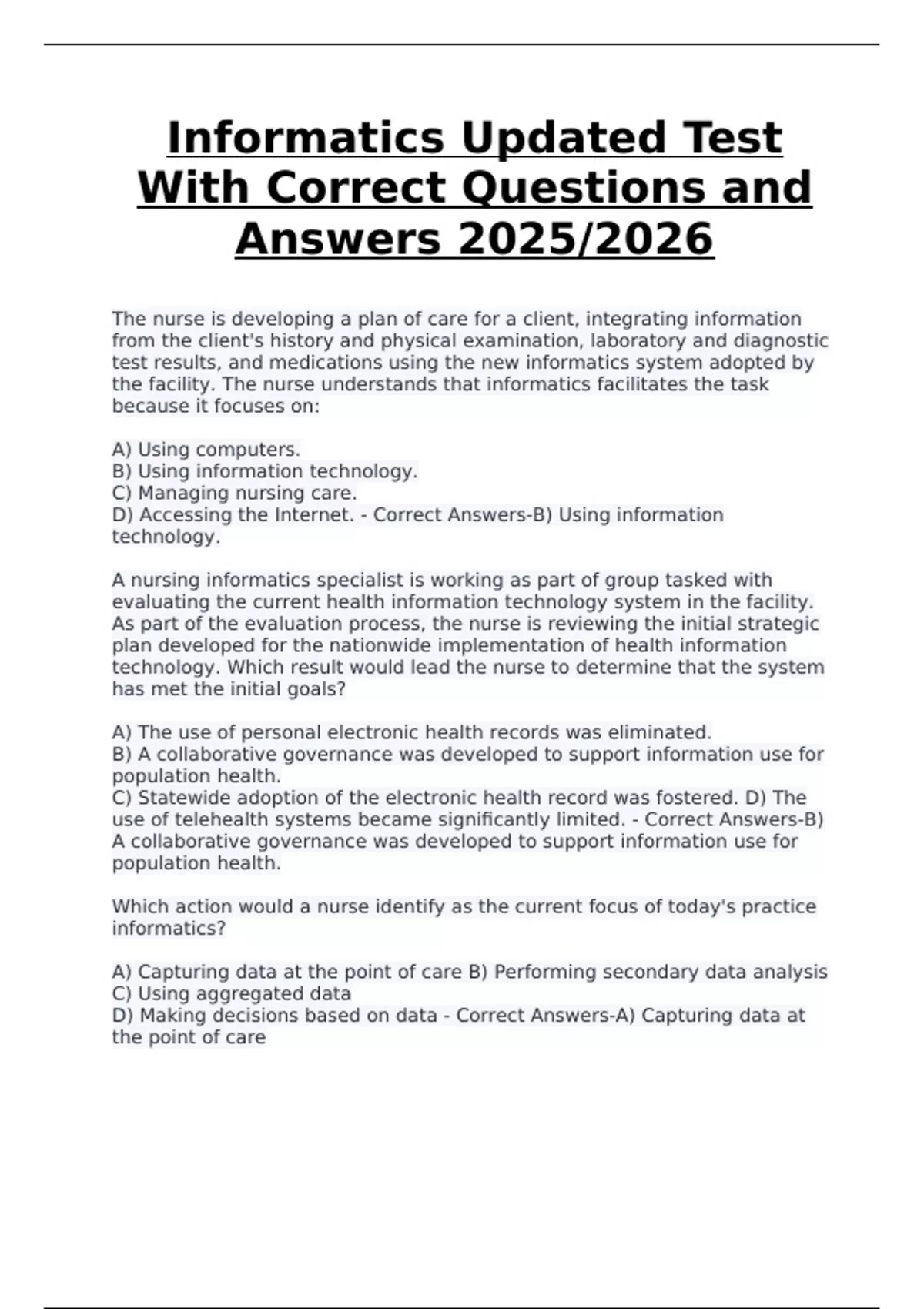 : Informatics Updated Test – Correct Questions and Answers – 2025/2026 ...