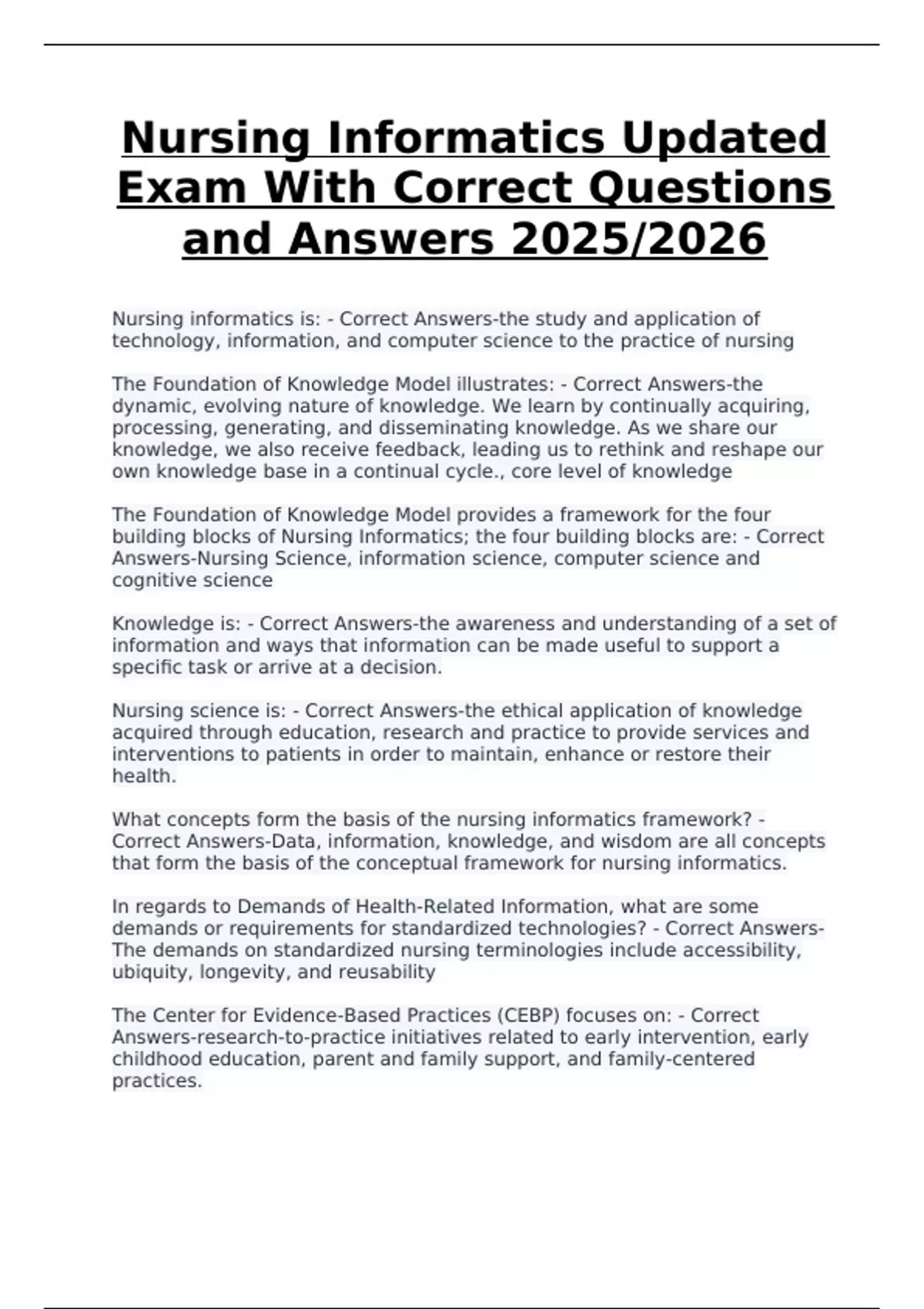 Nursing Informatics Updated Exam – Correct Questions and Answers – 2025 ...